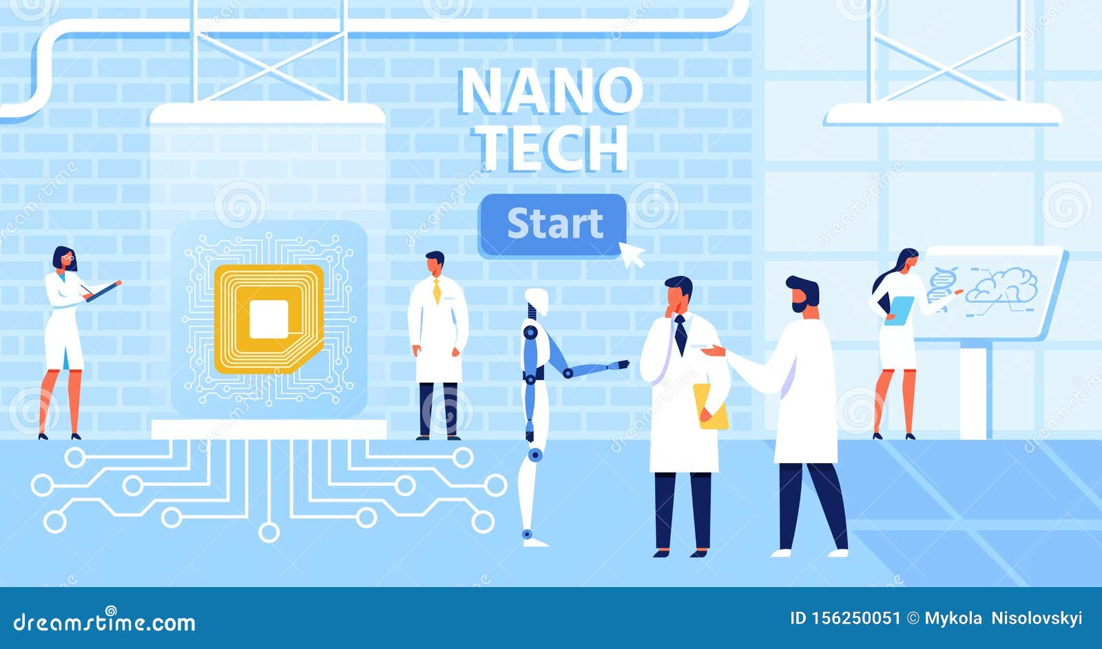 Nano Engineering Set. Scientists Work In Laboratory With Nanoparticle ...