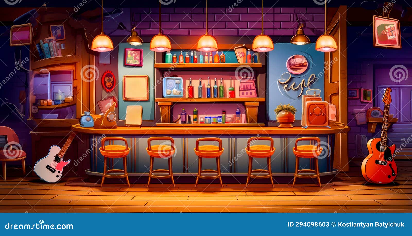 Cartoon of Bar with Stools in Front of Brick Wall. Generative AI Stock ...