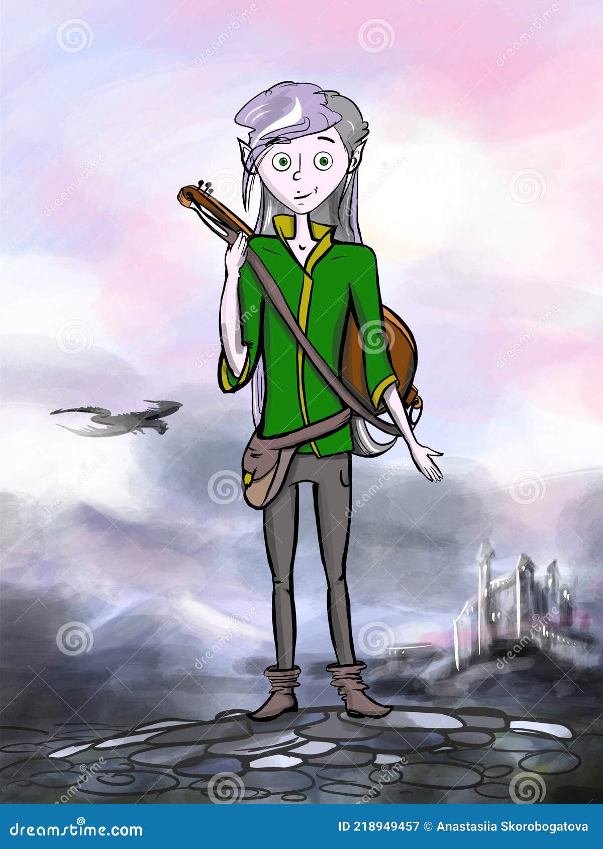 Cartoon Bard Elf Mit Laute. Digitale Abbildung Stock Abbildung ...