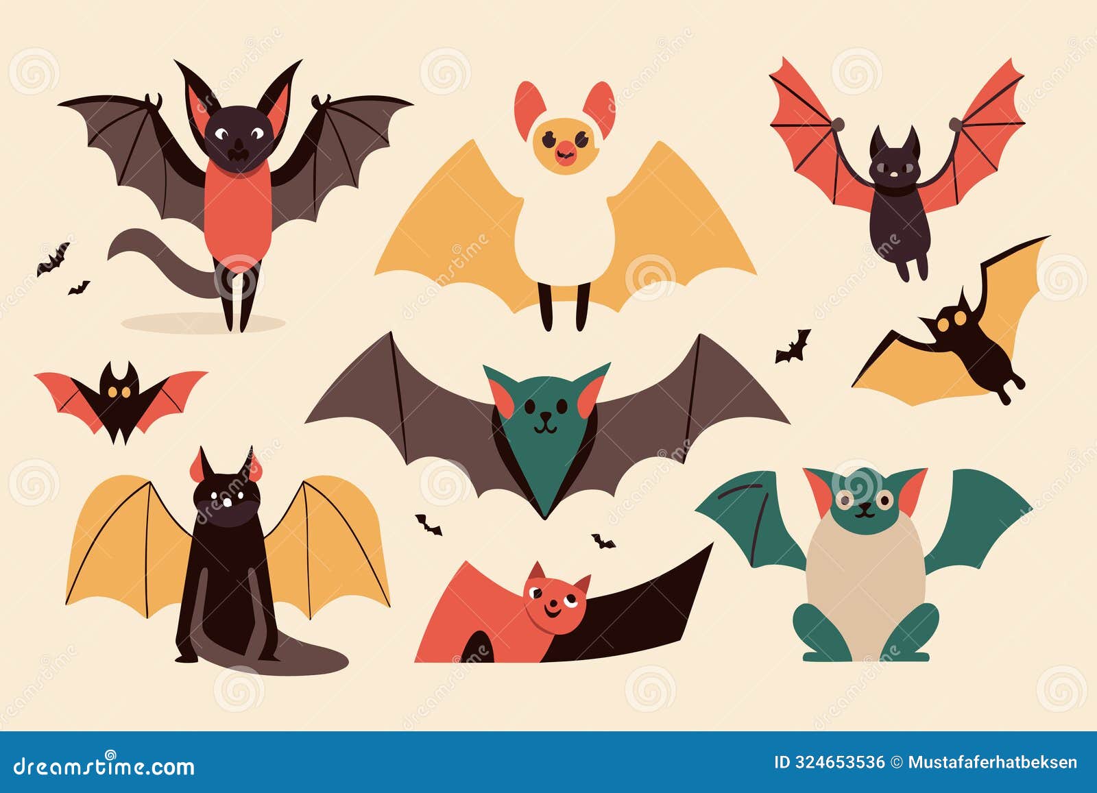 Cartoon Bats with Various Expressions Mid-flight Stock Illustration ...