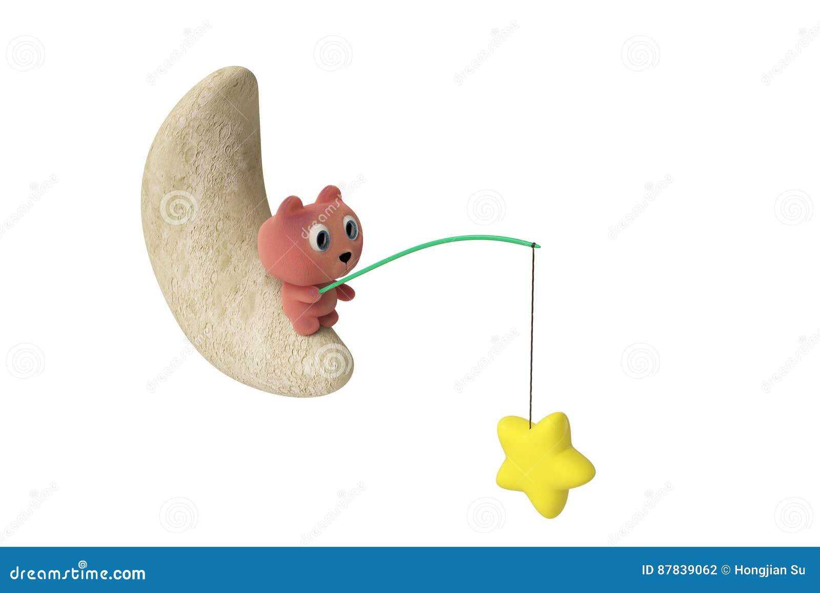 A Cartoon Bear Catch the Stars on Moon,3D Illustration. Stock ...
