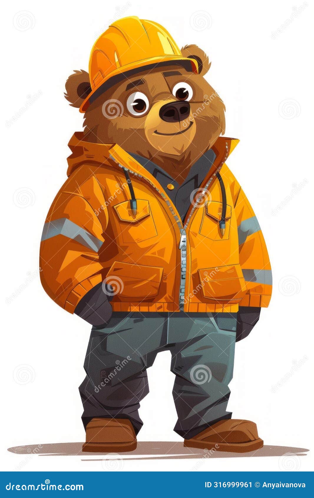 Cartoon Bear Construction Worker in Reflective Safety Jacket and Helmet ...