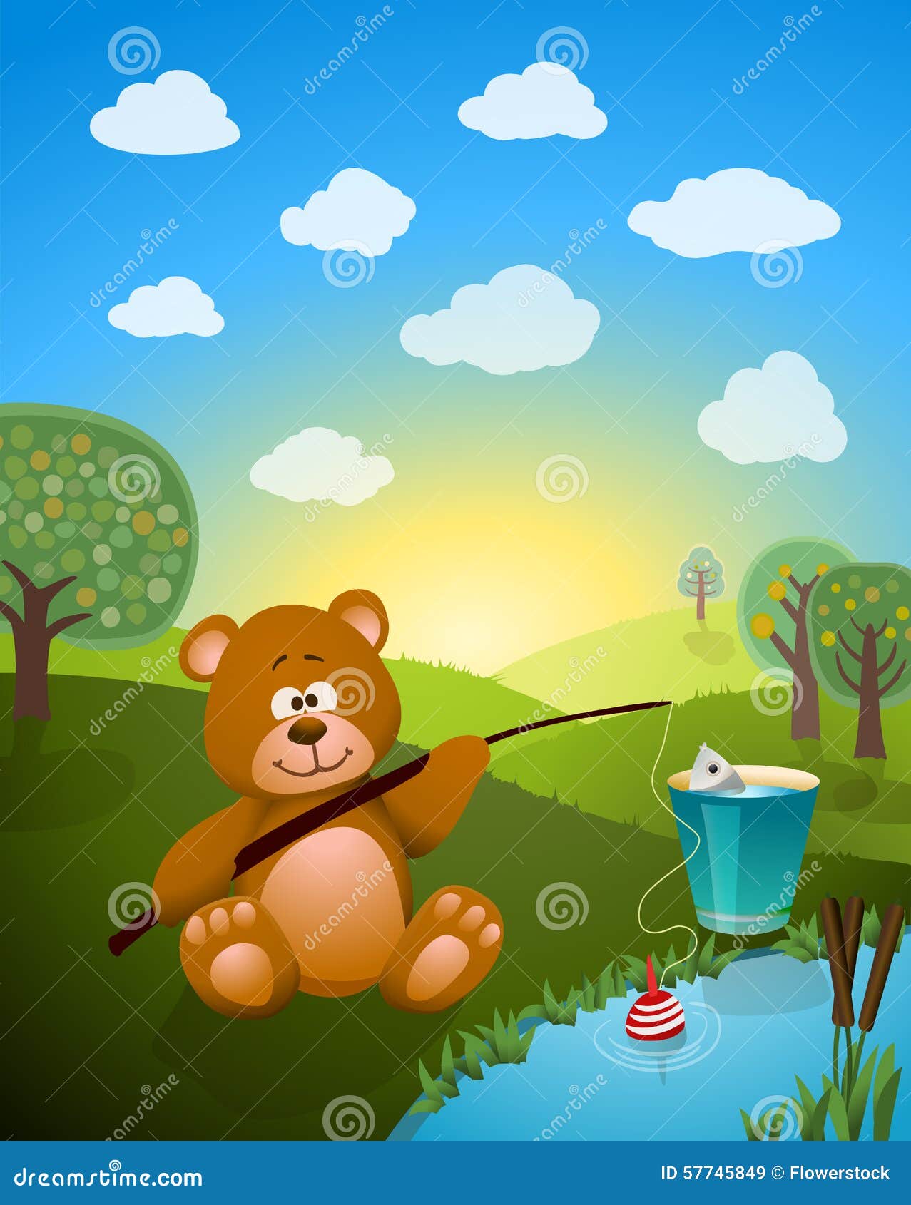 Cartoon bear fishing stock vector. Illustration of landscape - 57745849