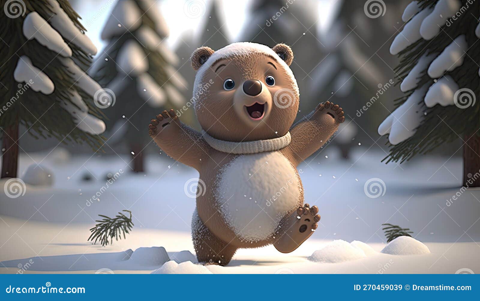 A Cartoon Bear Standing in the Snow in Front of Trees. Stock ...