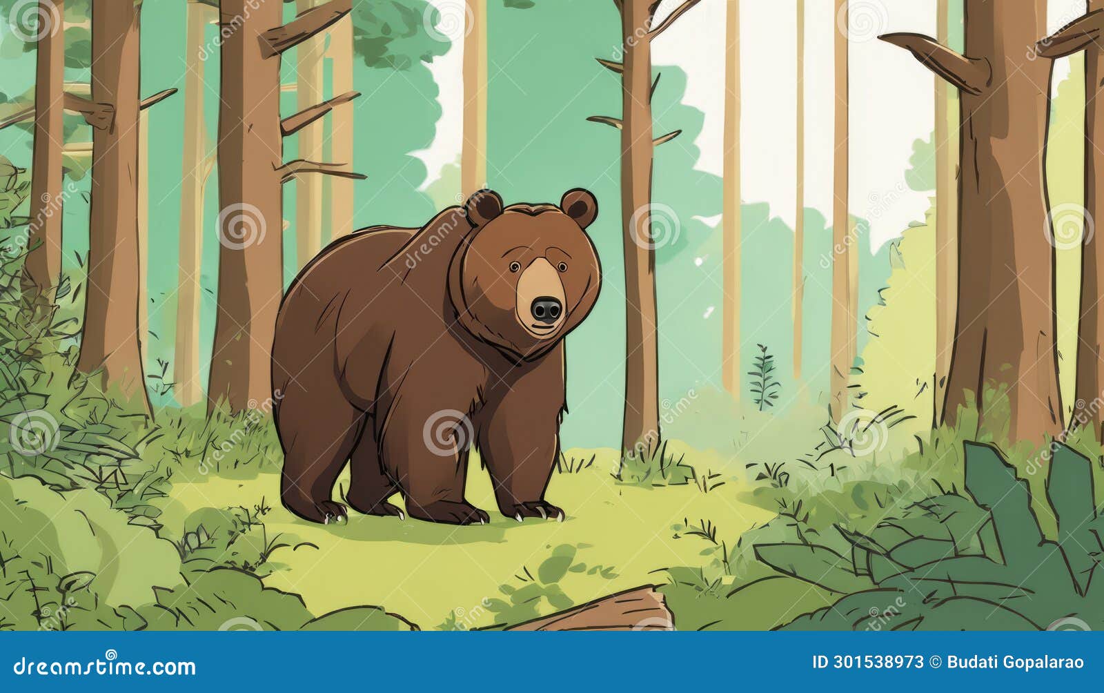 A Cartoon Bear Walking through a Forest Stock Illustration ...