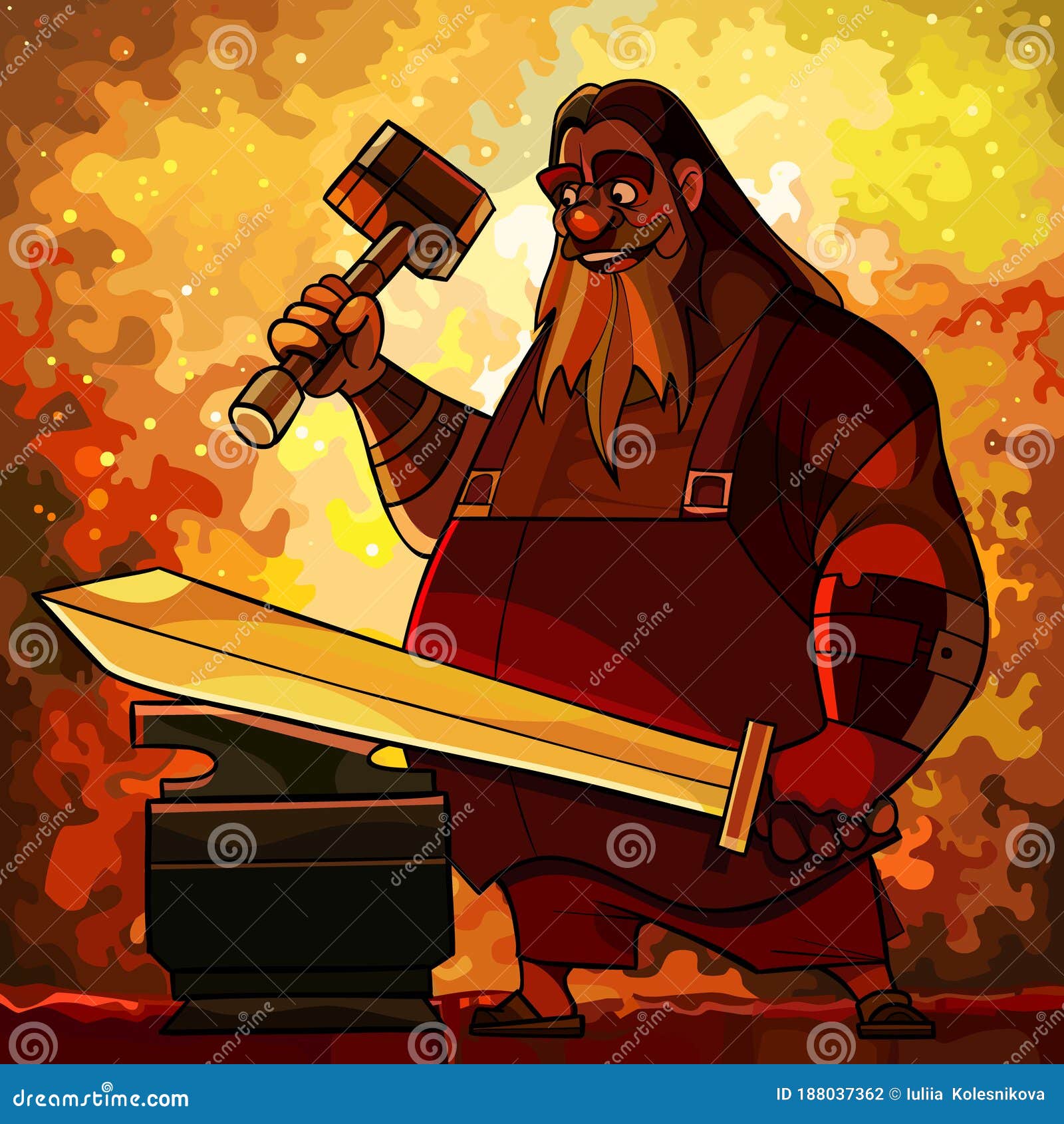 Cartoon Bearded Man Blacksmith Forges a Sword in a Fire Forge Stock ...
