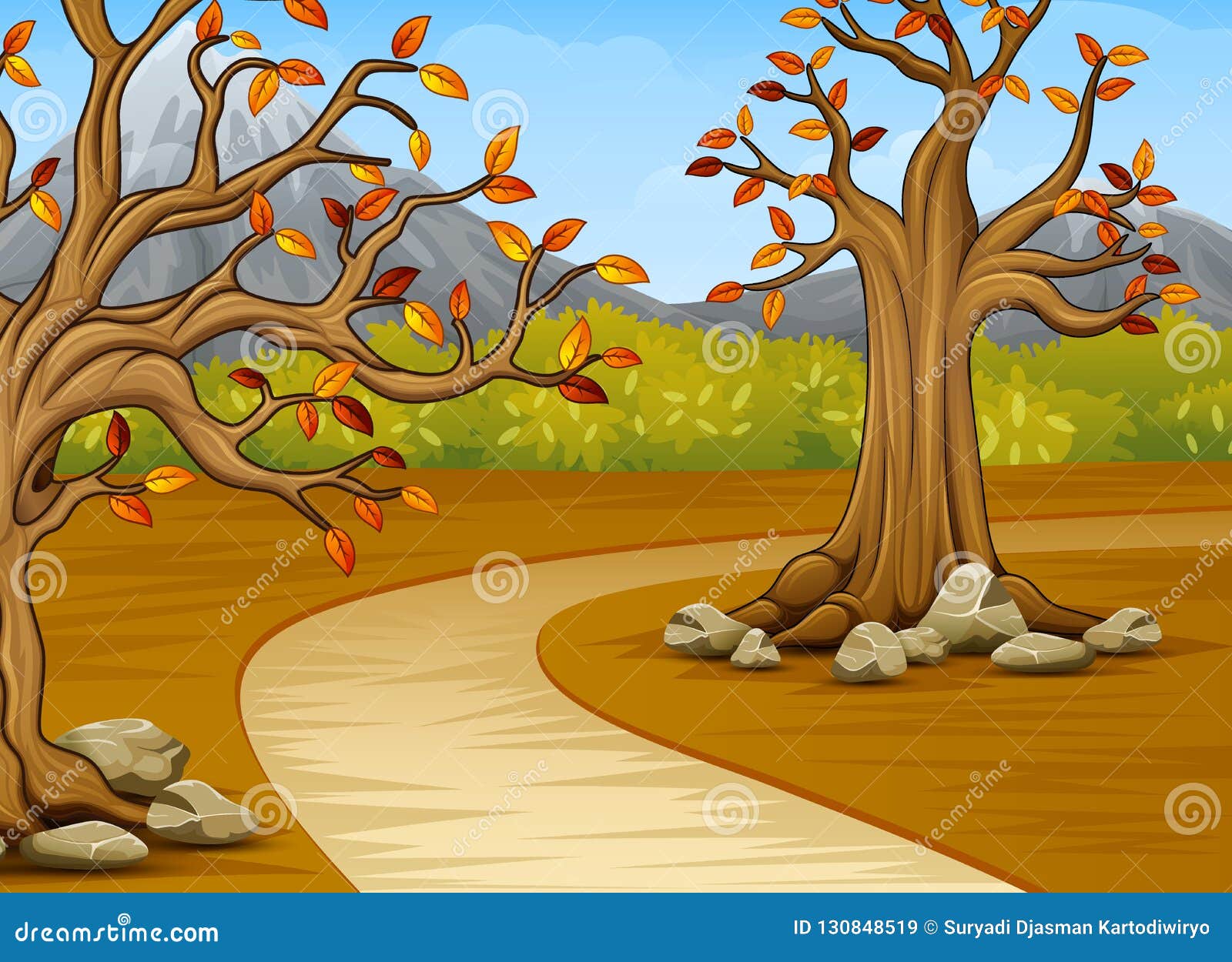 Cartoon of Beautiful Autumn Tree with a Mountain Background Stock ...