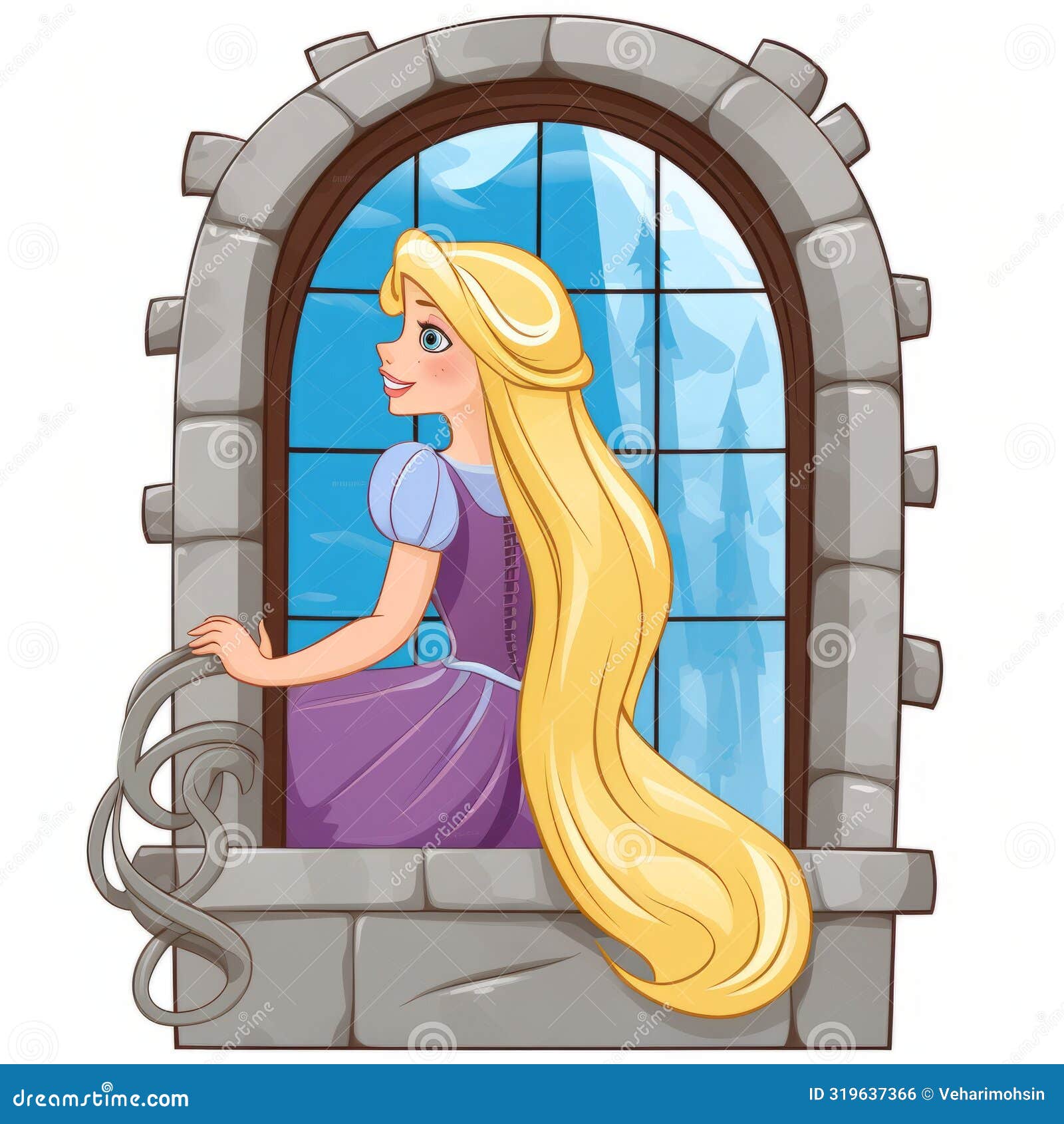 Cartoon Beautiful Rapunzel at Castle Window, Vector Illustration Stock ...