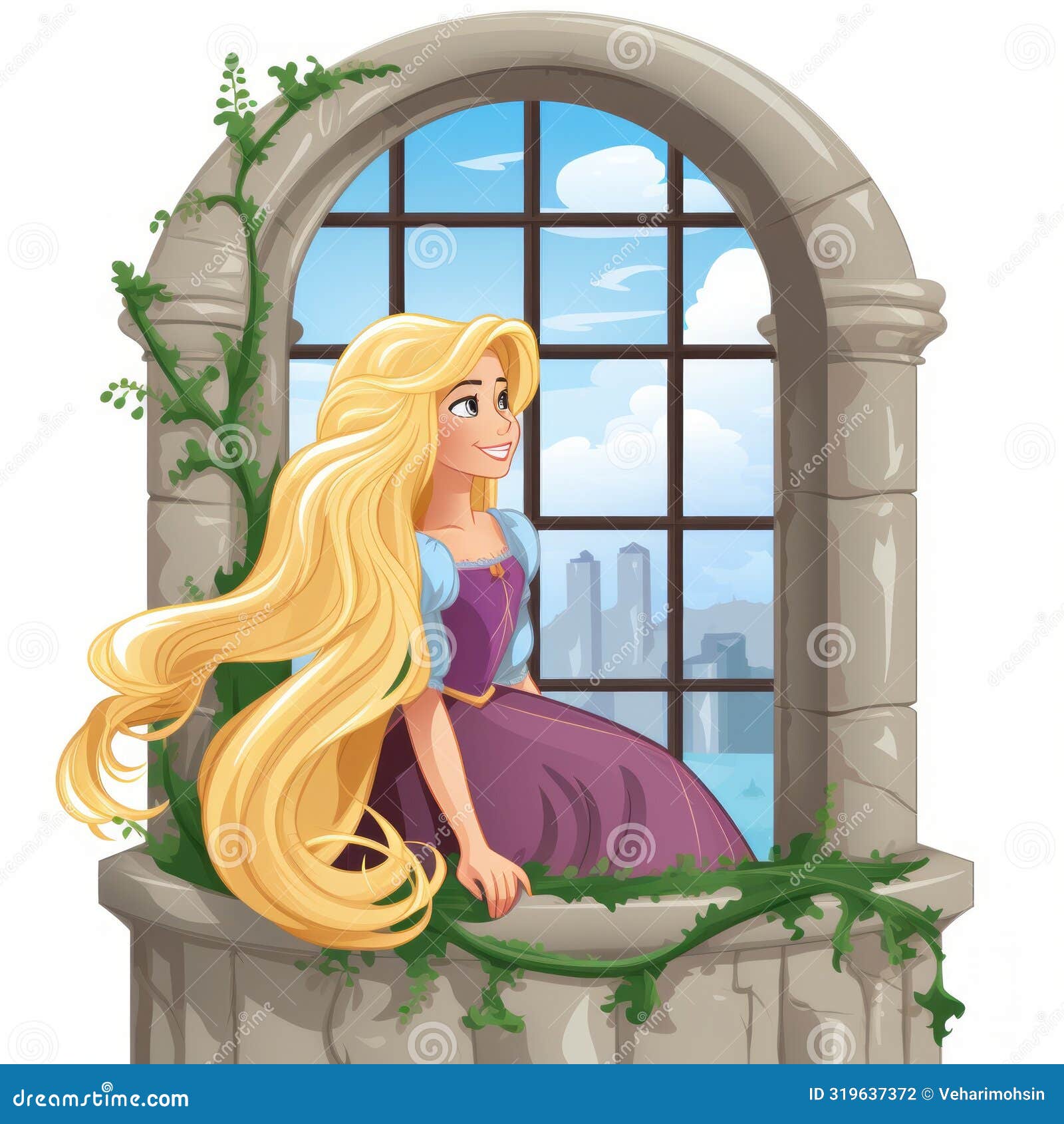 Cartoon Beautiful Rapunzel at Castle Window, Vector Illustration Stock ...