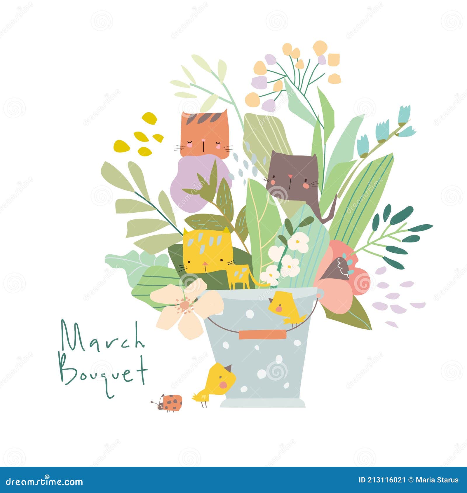 Cartoon Beautiful Spring Bouquet with Funny Cats Stock Vector ...