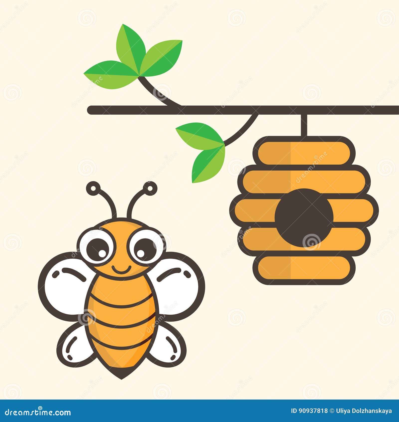 Cartoon Bee with Bee House on a Branch Stock Vector - Illustration of ...
