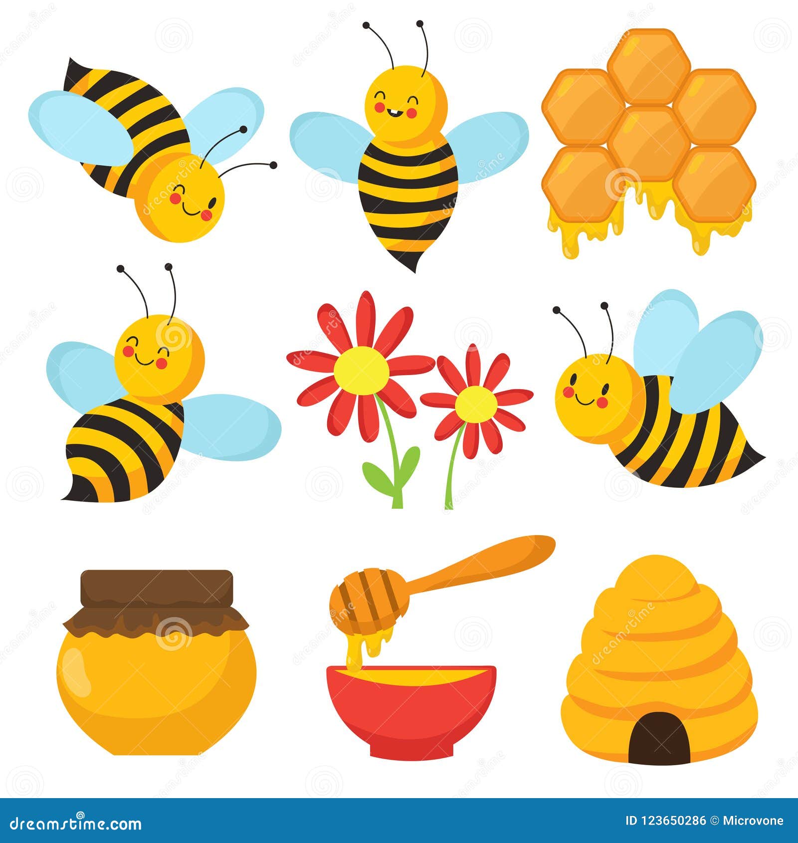 Cartoon Bee Cute Bees Flowers And Honey Stock Vector Illustration