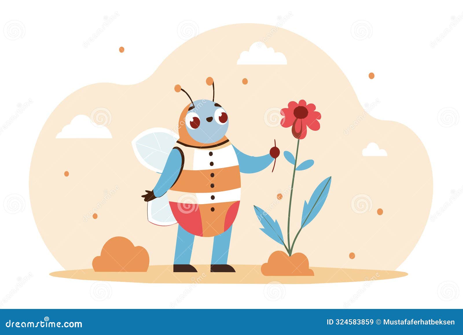 Cartoon Bee with a Flower on a Simple, Pastel Background Stock ...