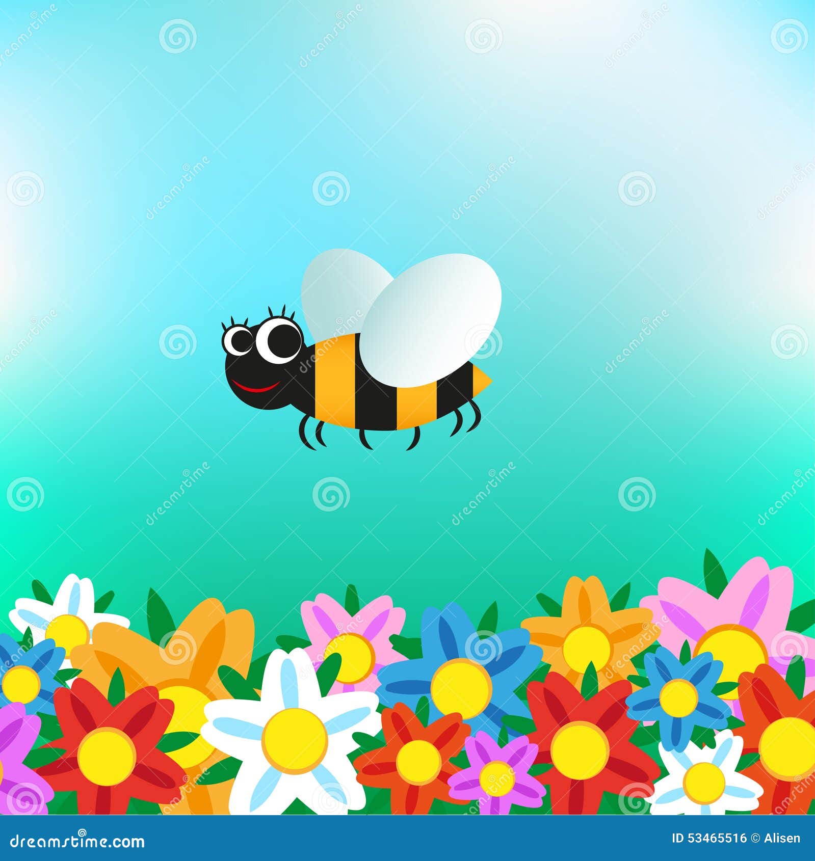 Cartoon Bee Flying Over Flowers Stock Vector - Illustration of happy ...