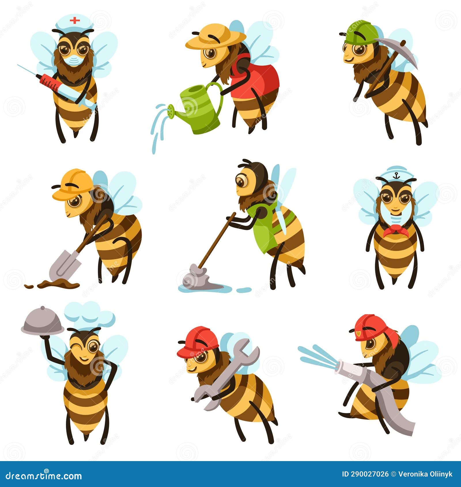 Cartoon Bee Workers. Cute Bees of Different Professions, Diligent ...