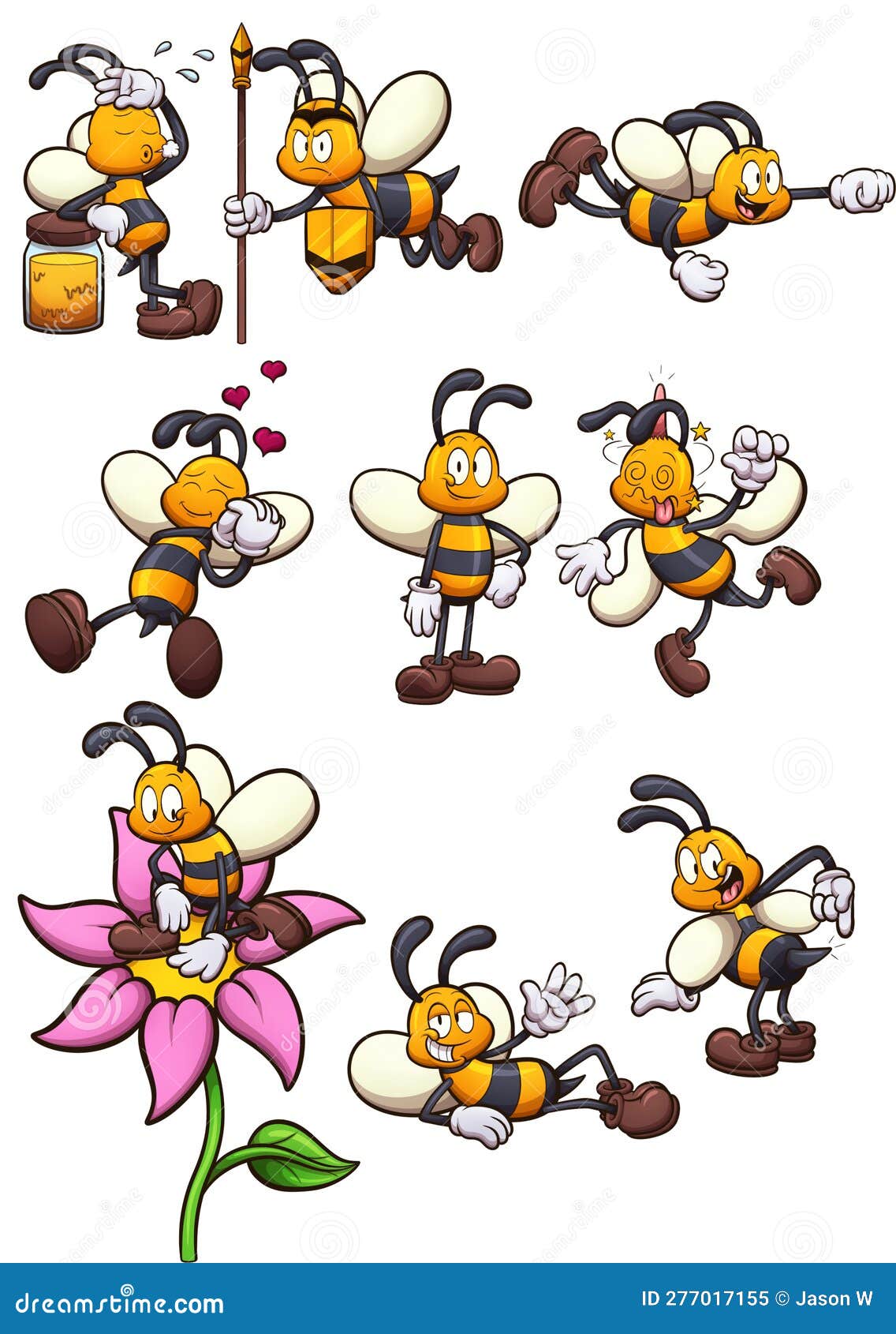 Cartoon Bees In Different Poses Vector Clip Art Illustration With Simple Gradients All In One