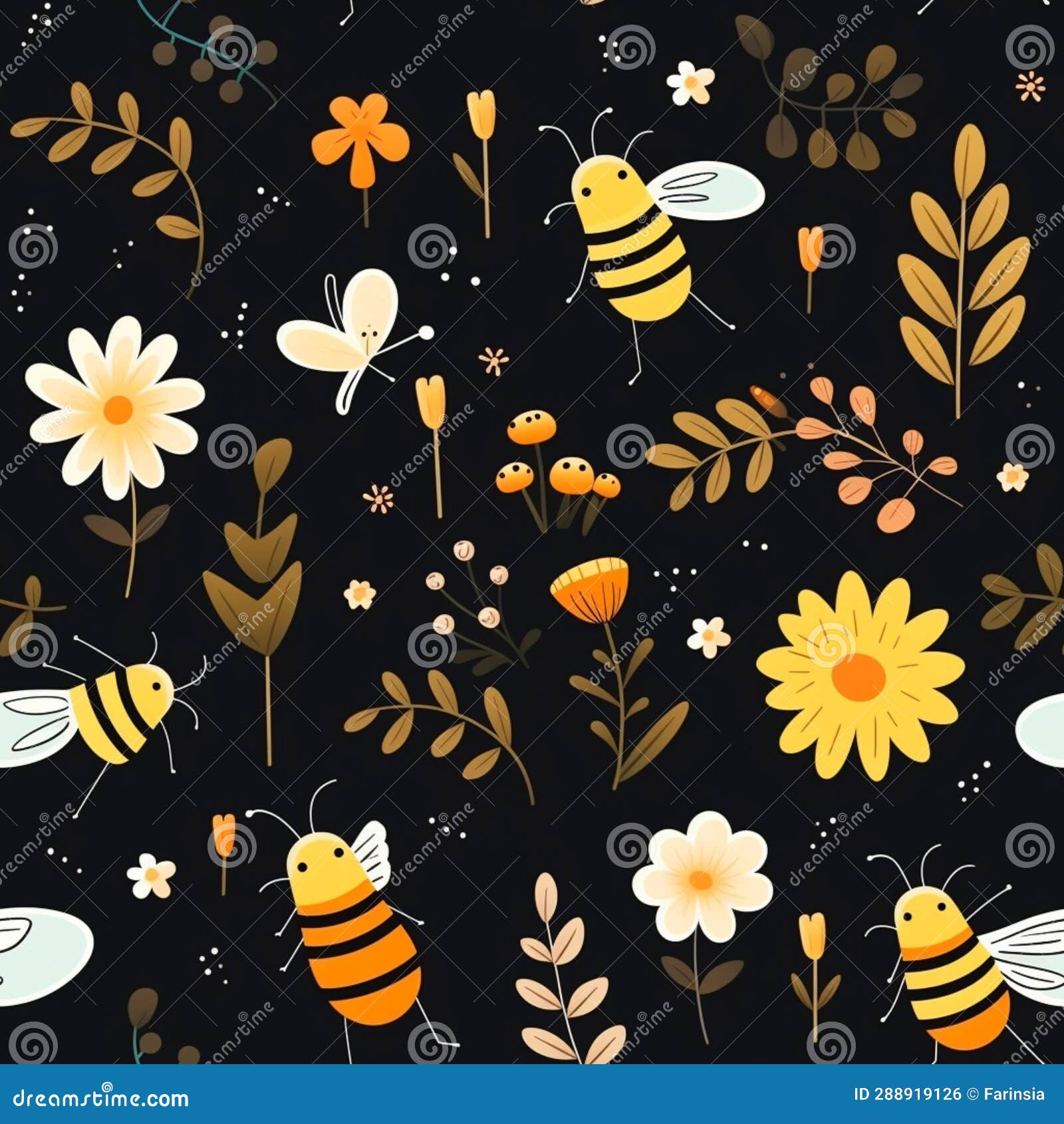 Cartoon Bees and Flowers Seamless Background Illustration Stock ...