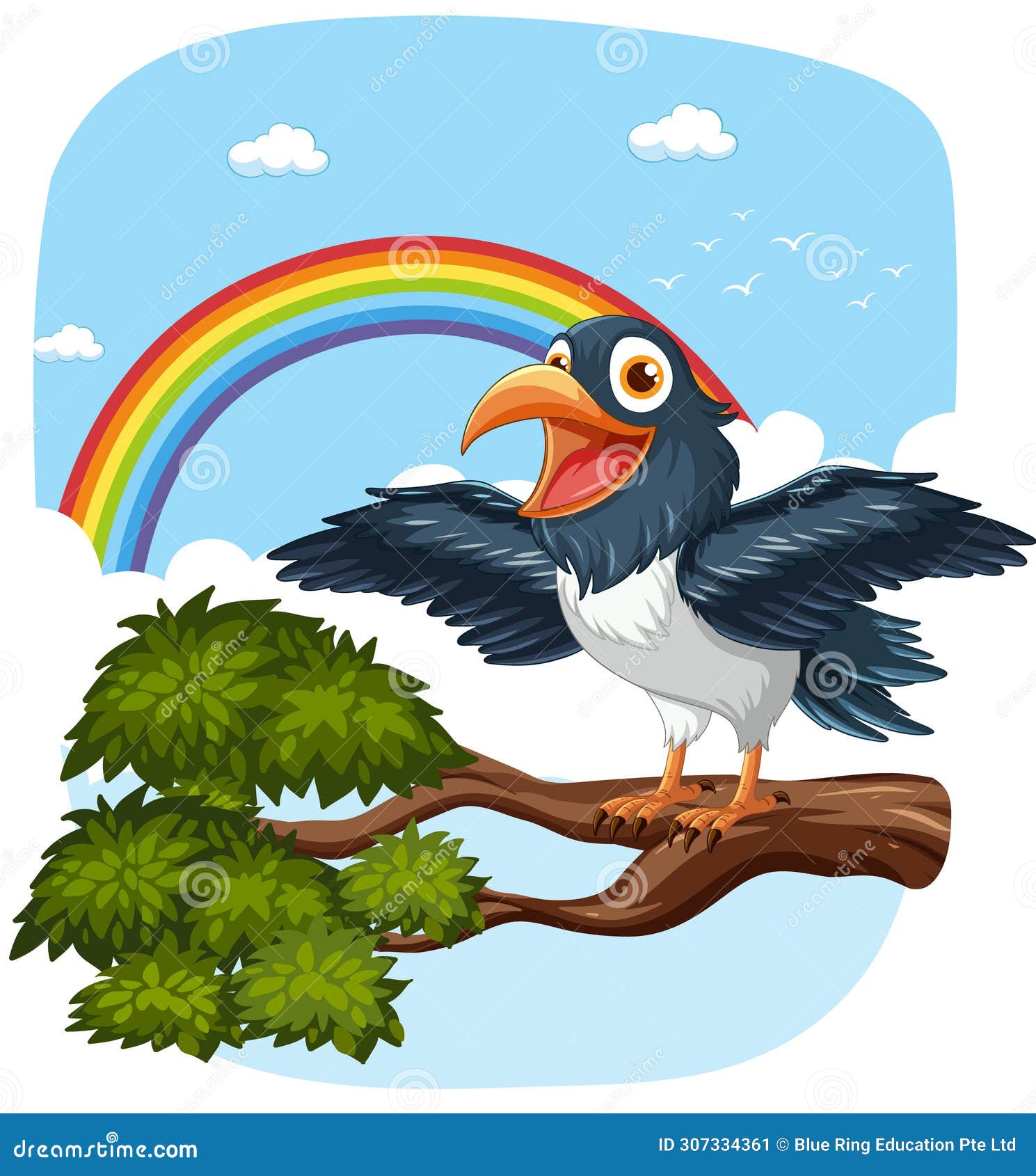 Cartoon Bird on Branch with Rainbow Stock Vector - Illustration of ...