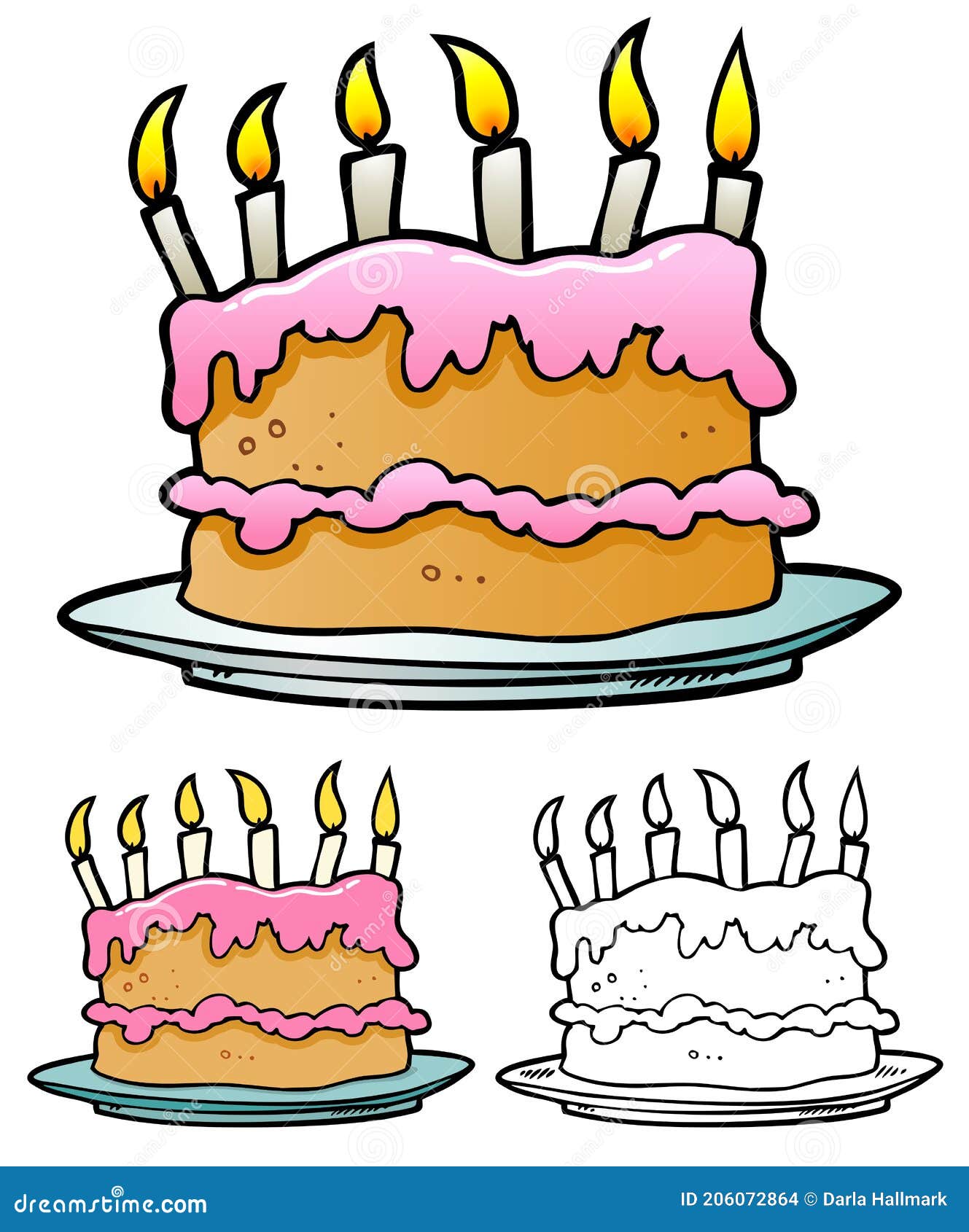 Cartoon Birthday Cake, Pink Icing and Candles Stock Vector ...