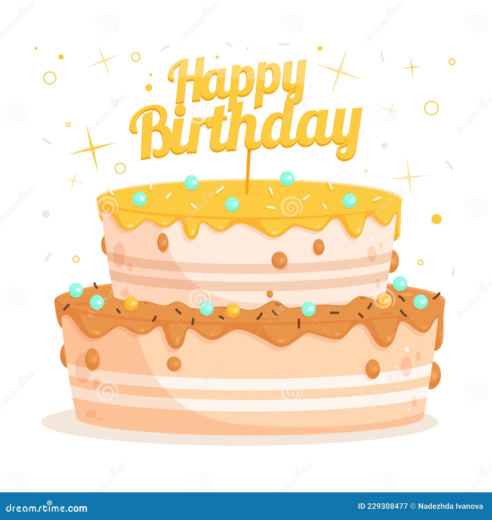 Cartoon Birthday Cake with Topper Vector Illustration. Stock Vector ...