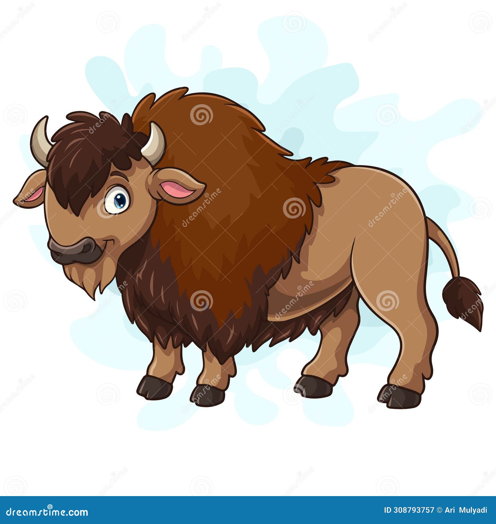 A Cartoon Bison With Blue Eyes And Long Horns. On A White Background ...