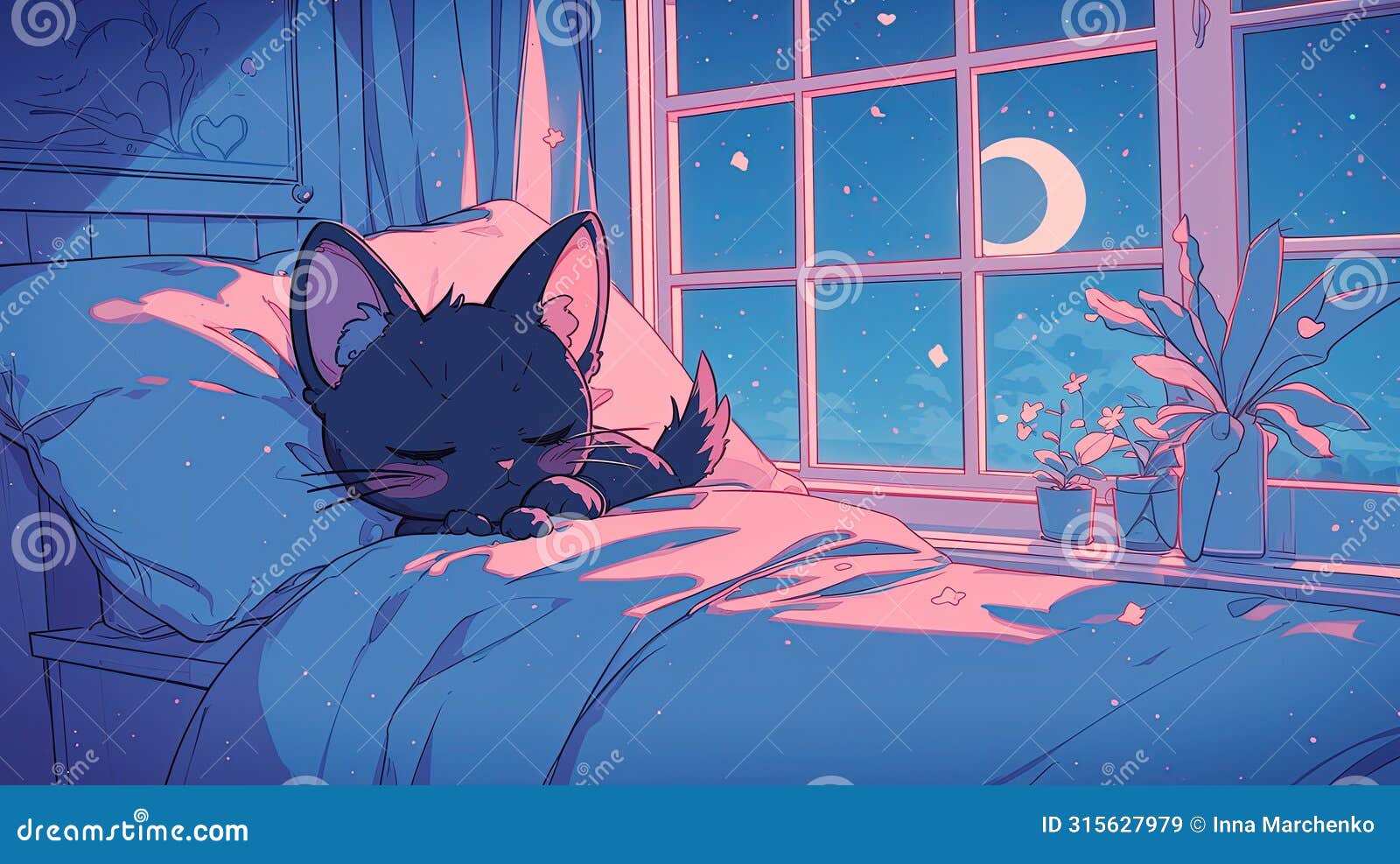 A Cartoon Black Cat Sleeping on the Bed Stock Illustration ...