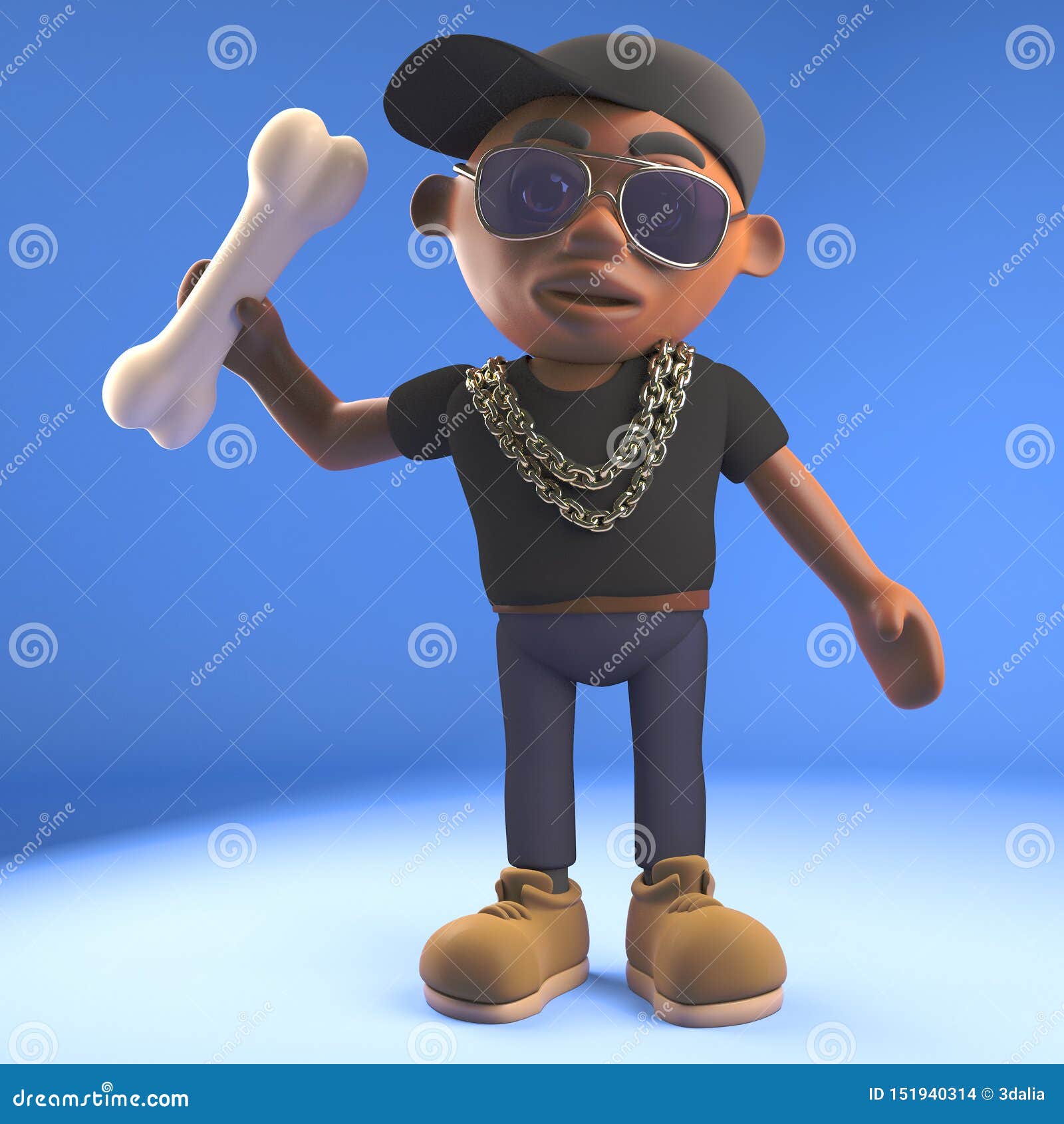 Cartoon Black Hiphop Rapper in a Baseball Cap Throwing a Bone, 3d ...