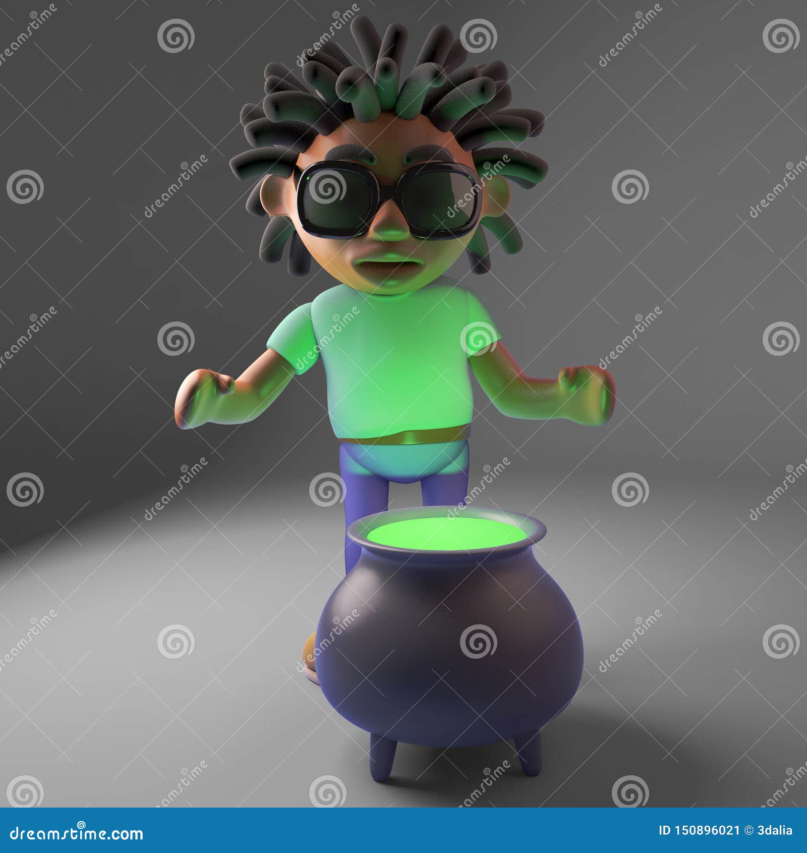 Cartoon Black Man with Dreadlocks with a Cauldron Full of Voodoo, 3d ...