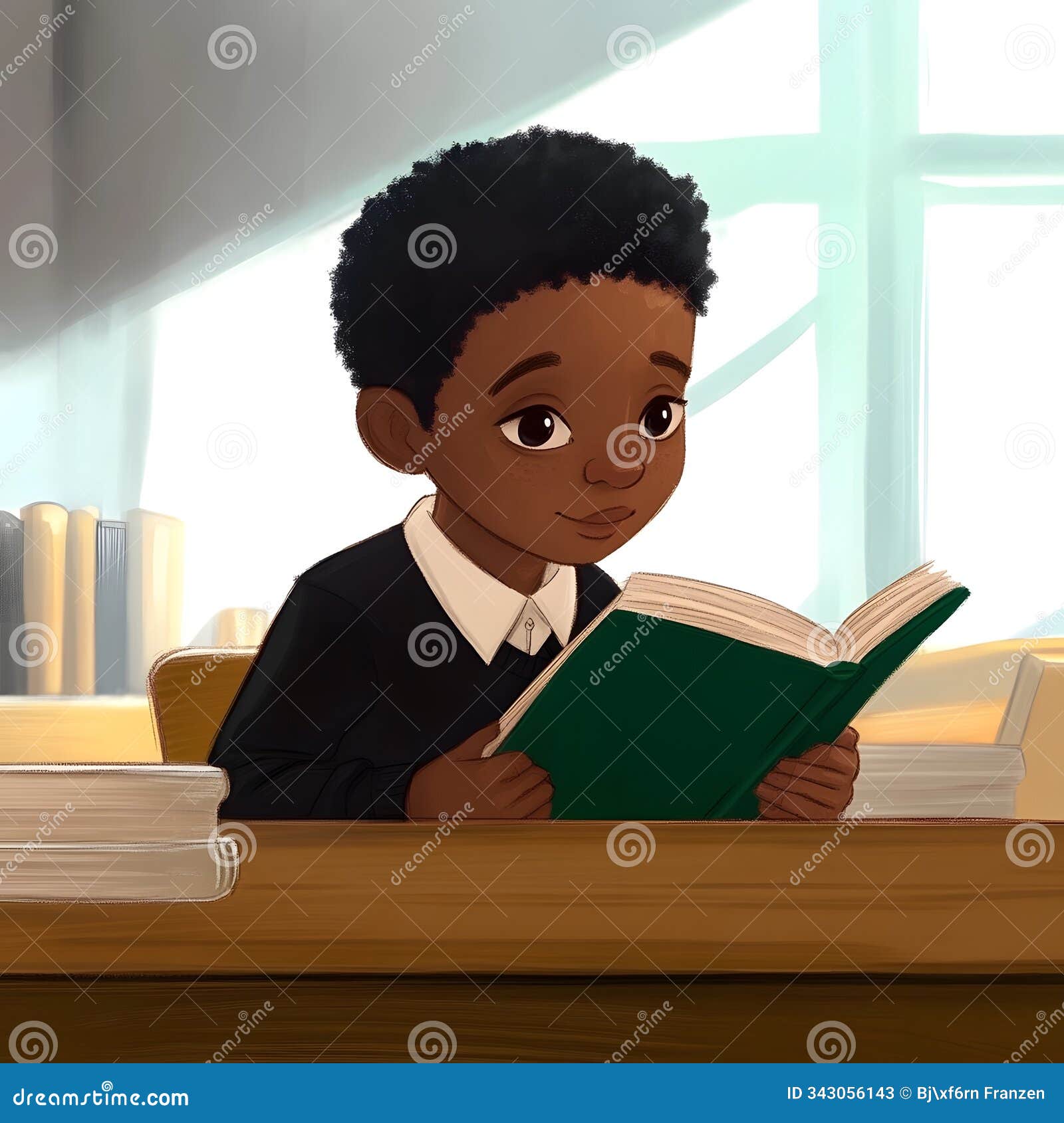 Cartoon Black Schoolboy is Reading and Studying in Class Stock ...