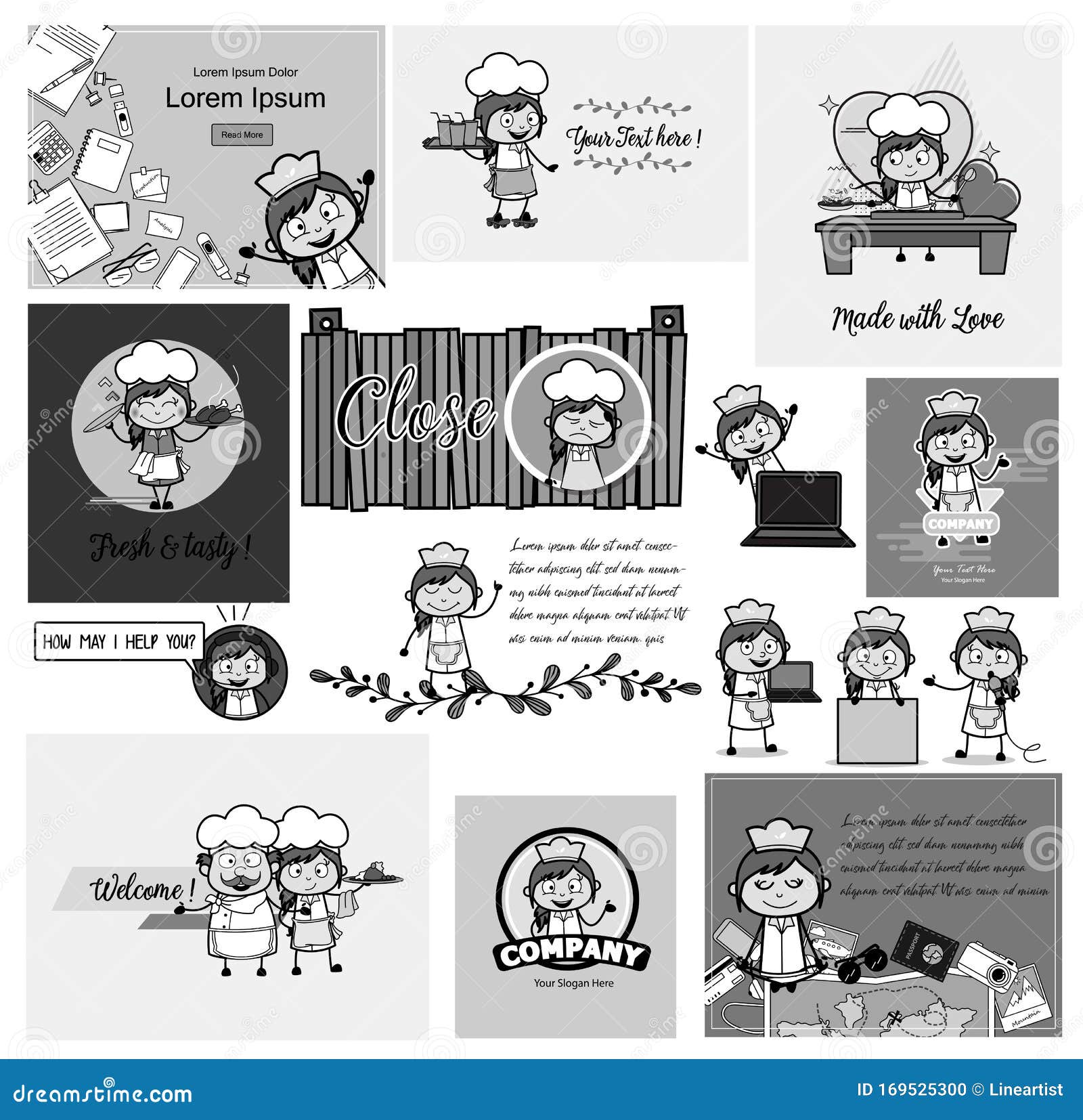Cartoon Black and White Waitress - Set of Concepts Vector Illustrations ... Cartoon Black and White Waitress - Set of Concepts Vector Illustrations ...