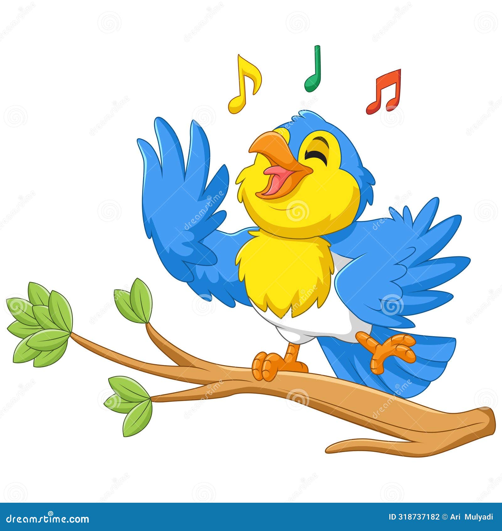 Cartoon Blue Bird Singing on Tree Branch Stock Vector - Illustration of ...