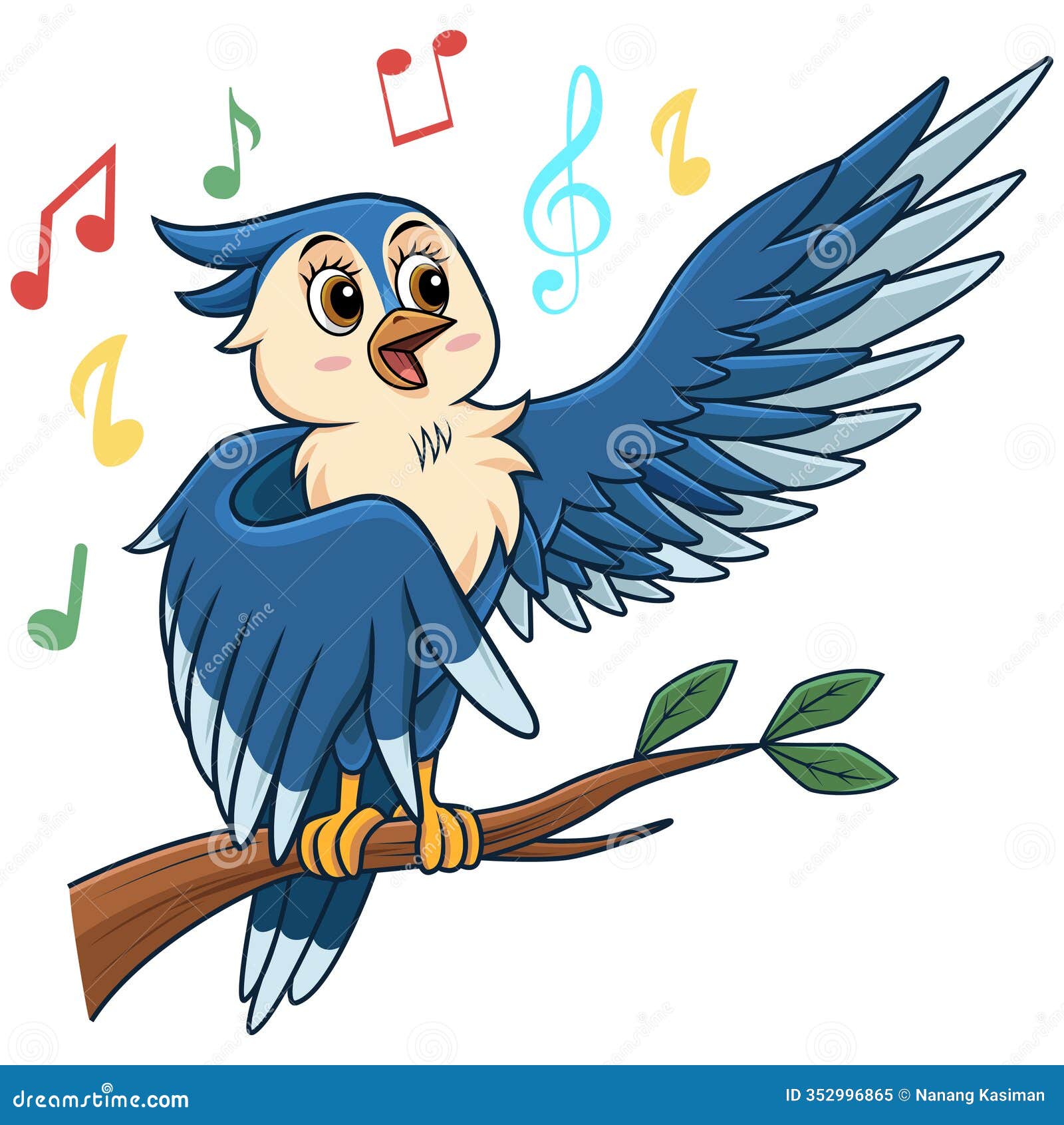 Cartoon Blue Bird Singing on Tree Branch Stock Illustration ...