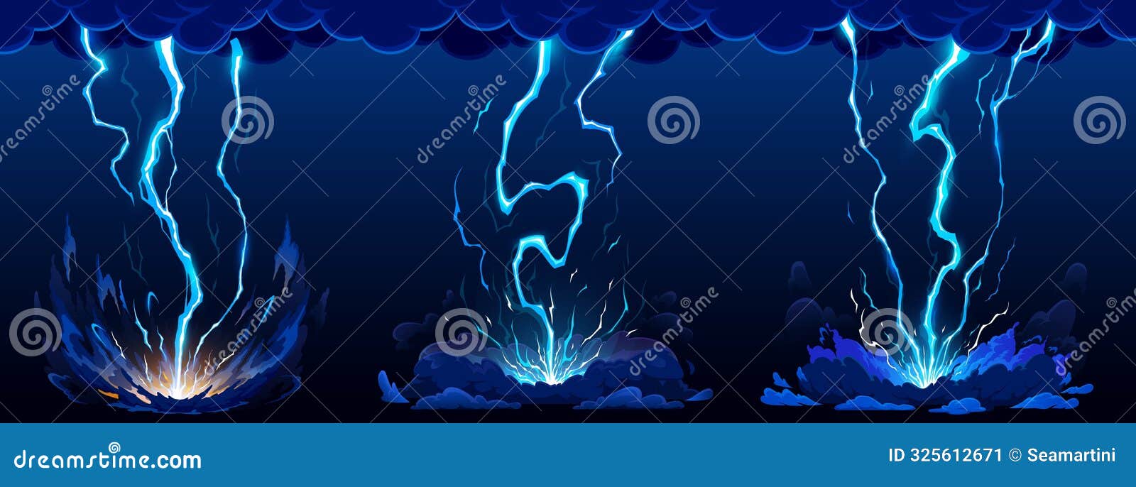 Cartoon Blue Lightning, Thunder Strike Flashes Stock Illustration ...