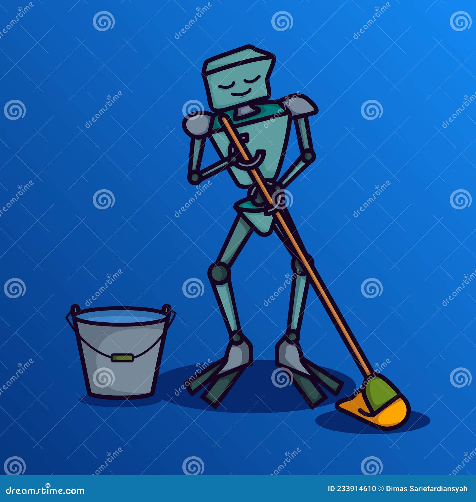 Cartoon Blue Robot Using a Mop and a Bucket To Mop Stock Vector ...