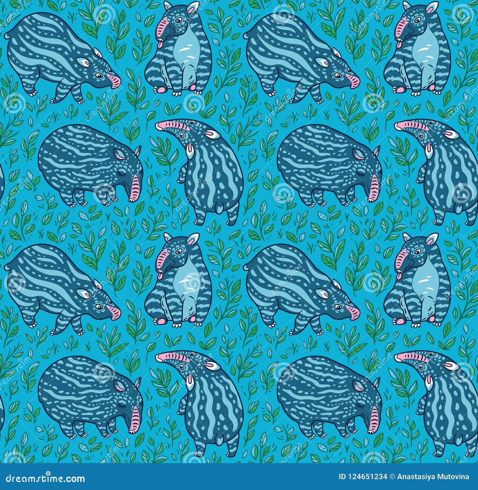 Cartoon Tapirs Seamless Pattern. Blue Tapirs with Light Stripes in the ...