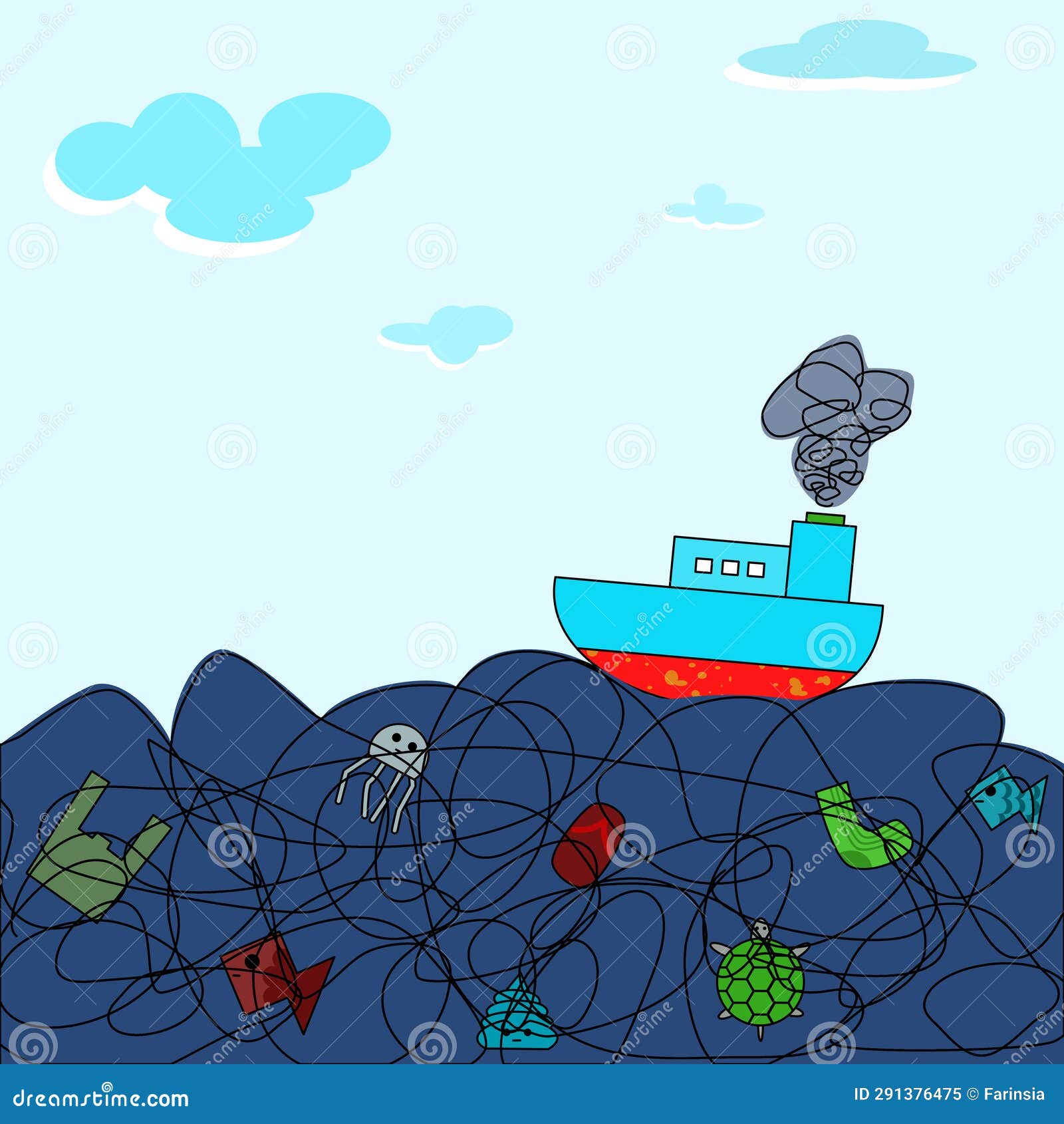 Cartoon Boat in the Ocean with Various Trash Stock Vector ...