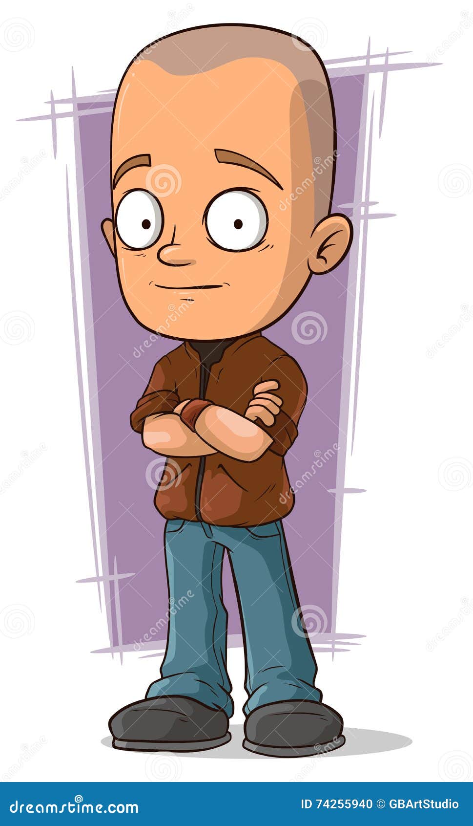 Cartoon Bold Boy in Brown Jacket and Jeans Stock Vector - Illustration ...