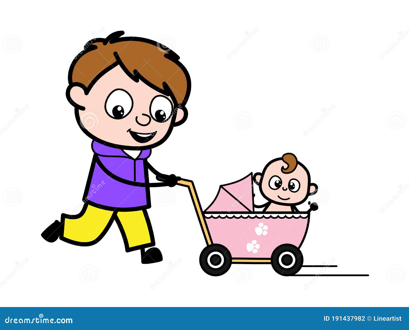 Cartoon Boy with Baby Stroller Stock Illustration - Illustration of ...