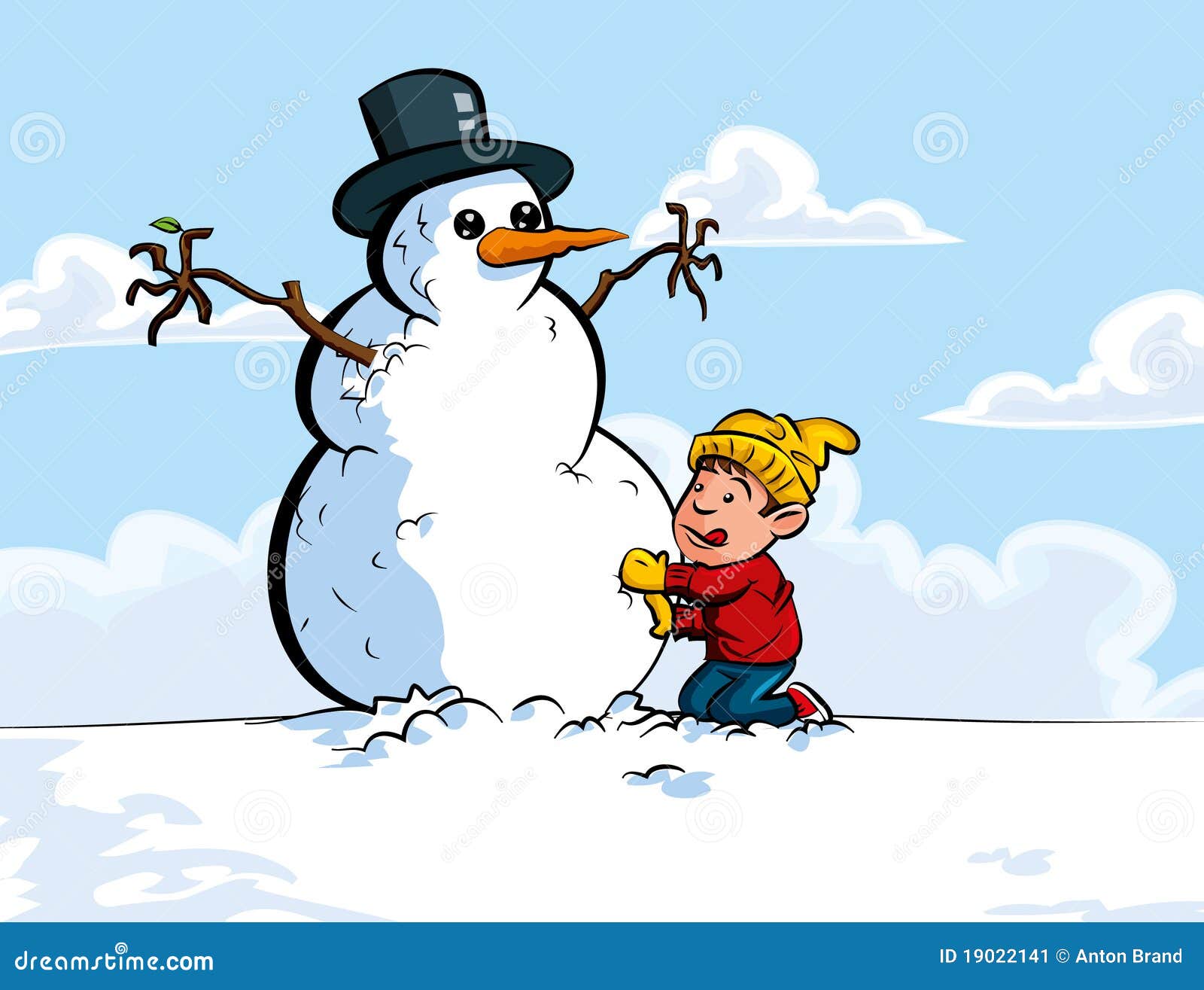Cartoon of Boy Building a Snowman Stock Vector - Illustration of blue ...