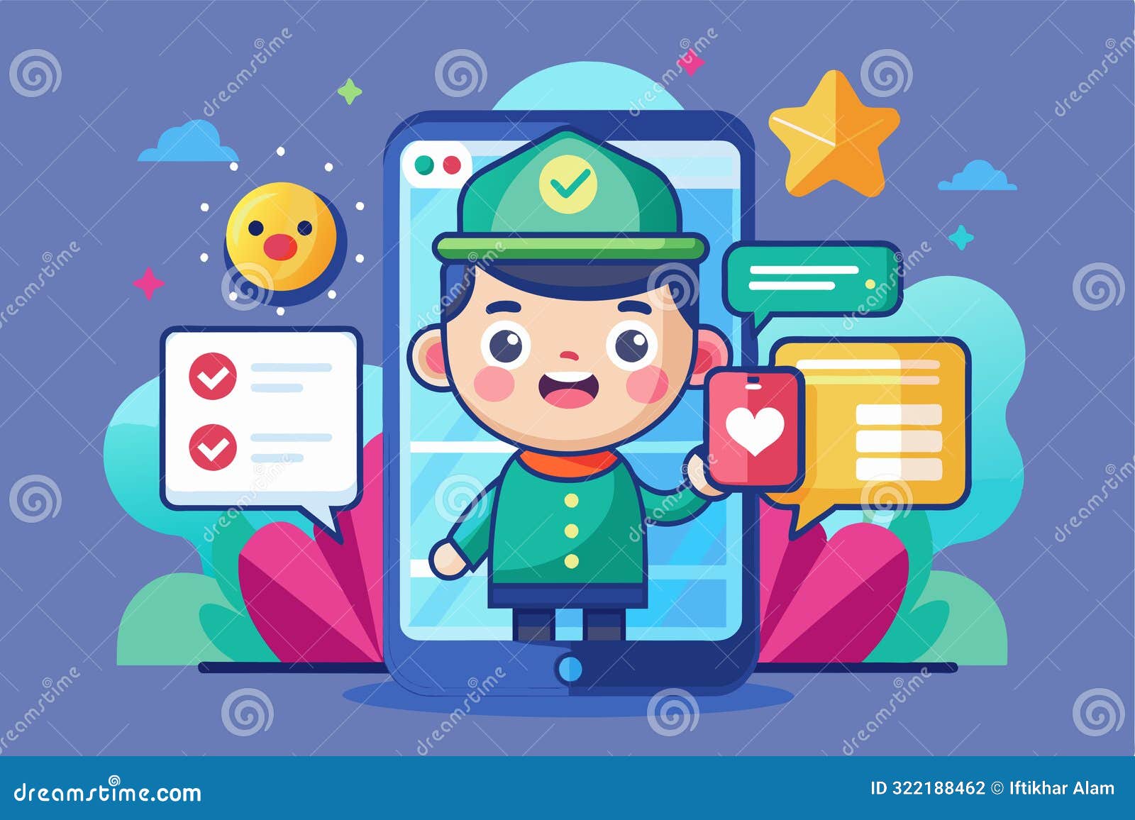 A Cartoon Boy Character Inside a Smartphone is Receiving Notifications ...