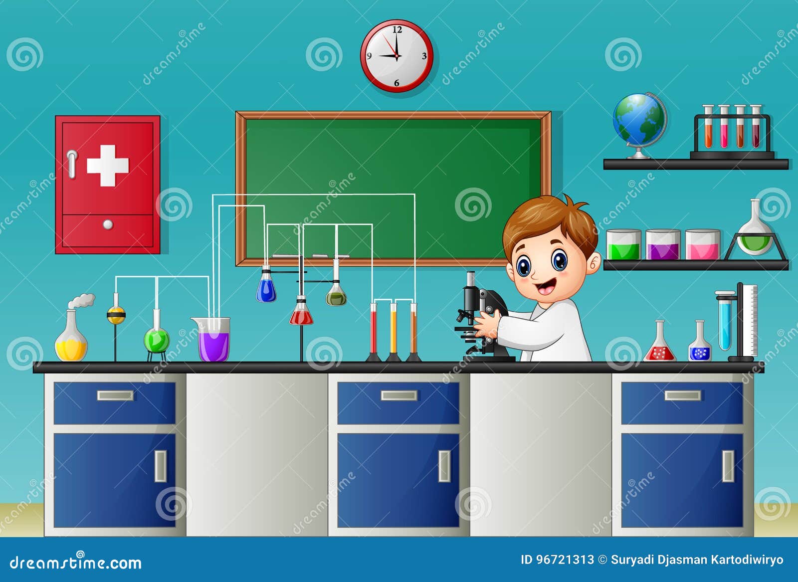 Cartoon Boy Experimenting with Microscope in the Chemical Lab Stock ...