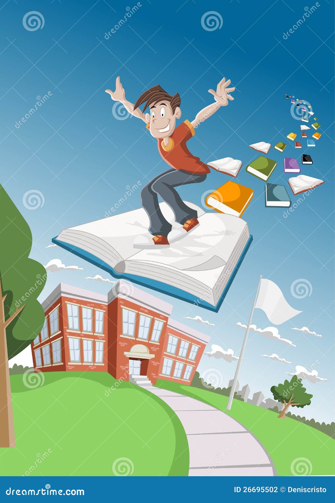 Cartoon Boy Flying On Big Book Stock Photography - Image: 26695502