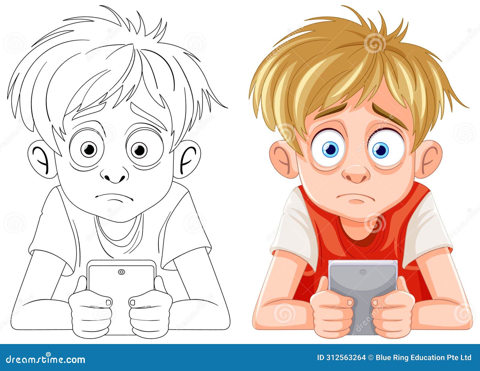 Cartoon Boy Focused Playing with His Mobile , Outline and Color Stock ...