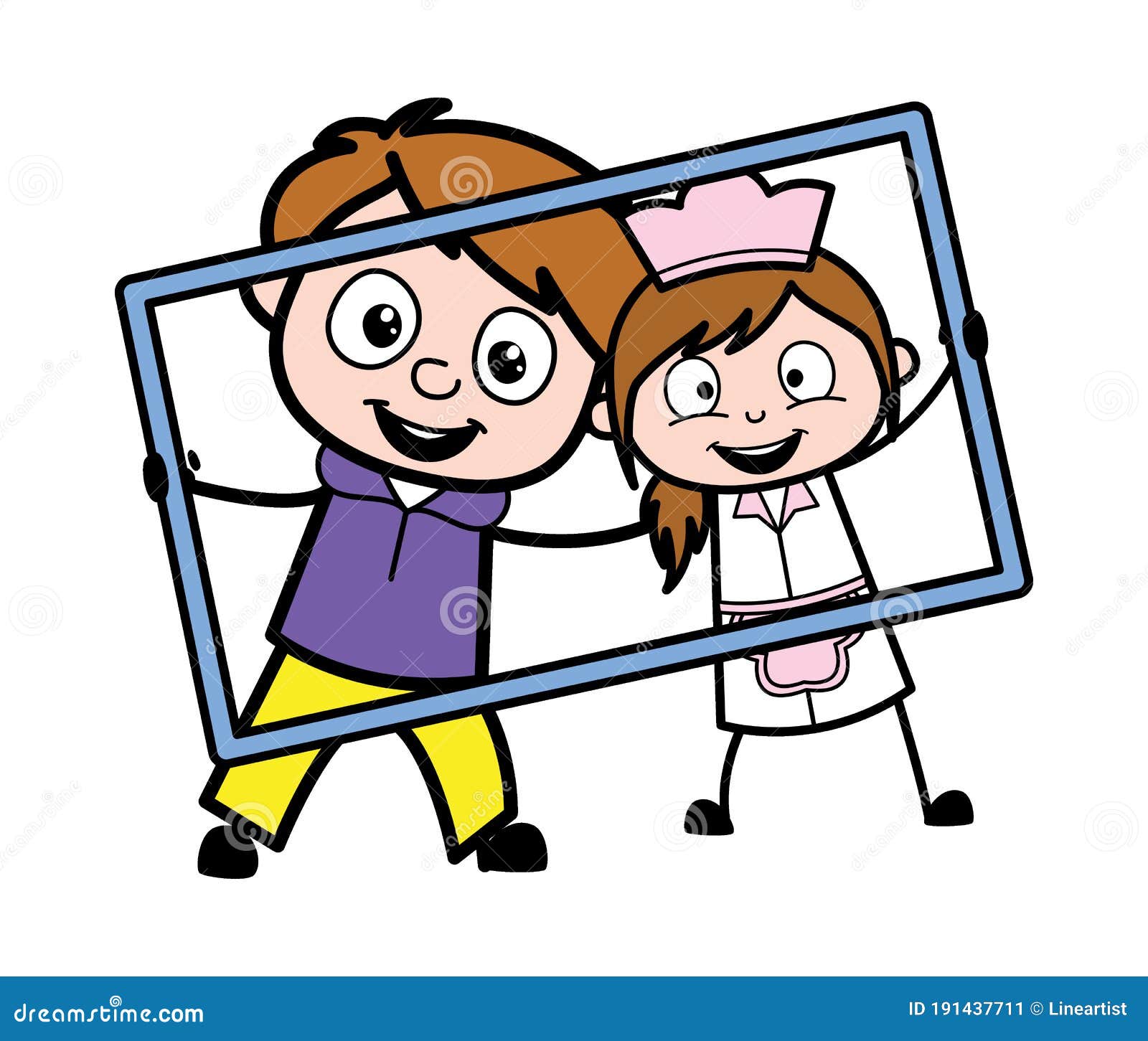 Cartoon Boy in Frame with Waitress Stock Illustration - Illustration of ...