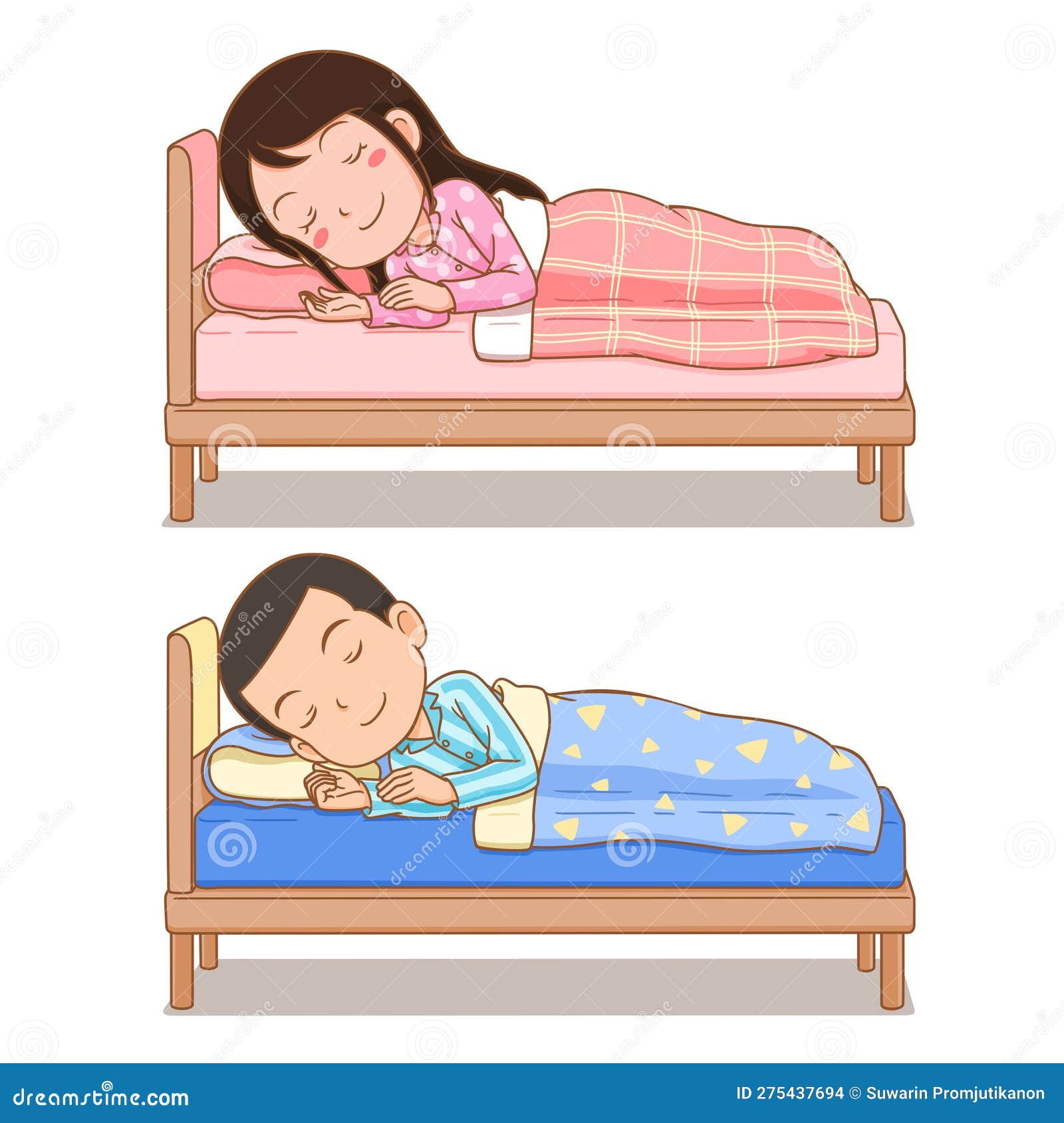 Cartoon Boy and Girl Sleeping in Bed. Stock Vector - Illustration of ...