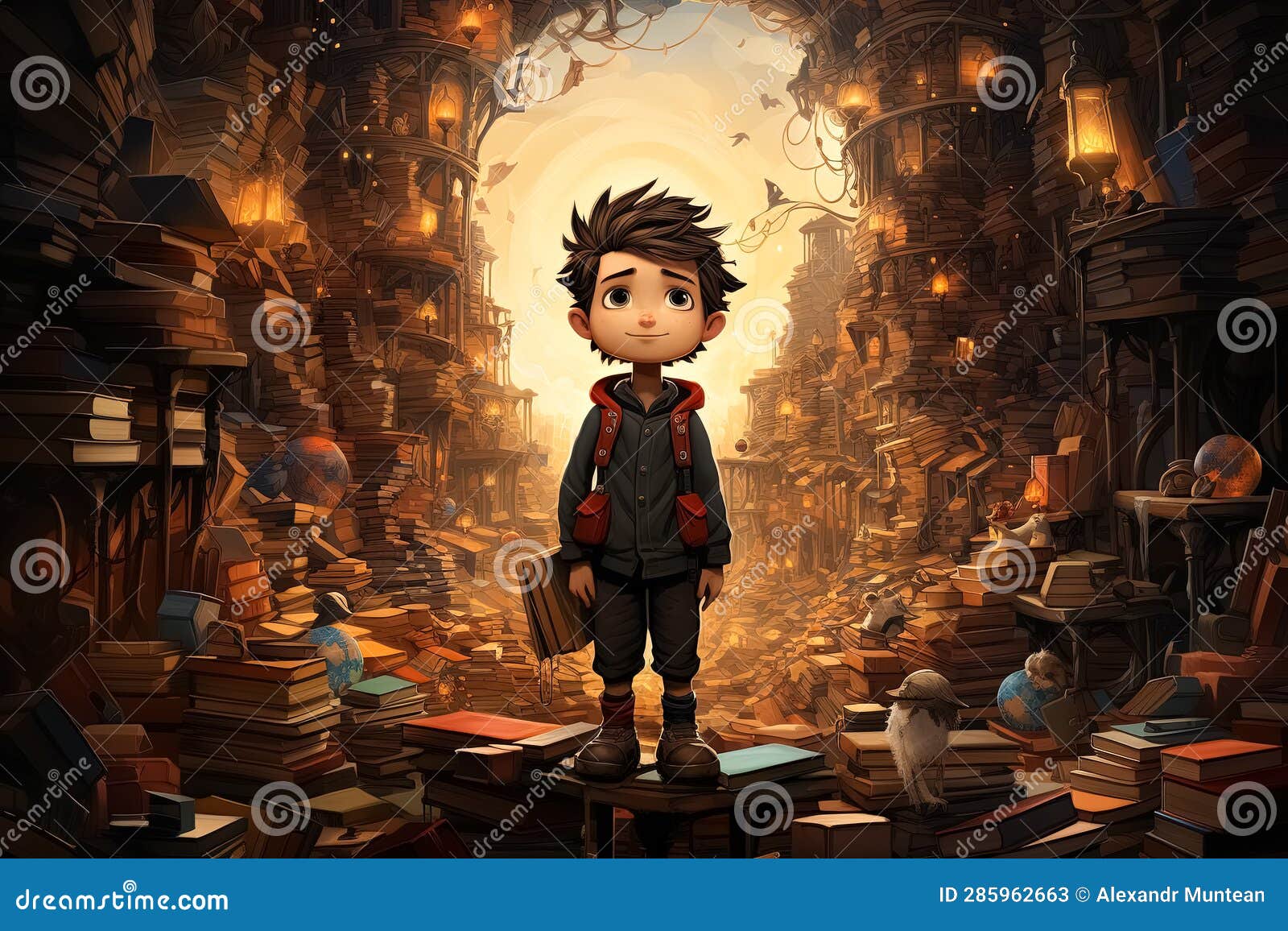 Cartoon Boy in Library, Happy School Time Concept. Stock Illustration ...