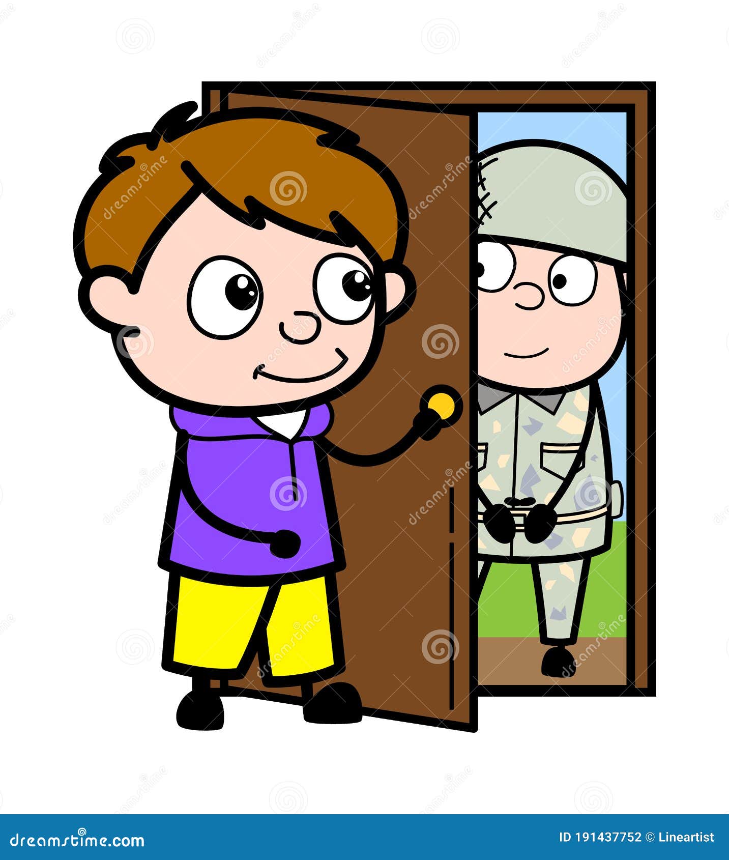 Cartoon Boy opening Door stock illustration. Illustration of comic ...
