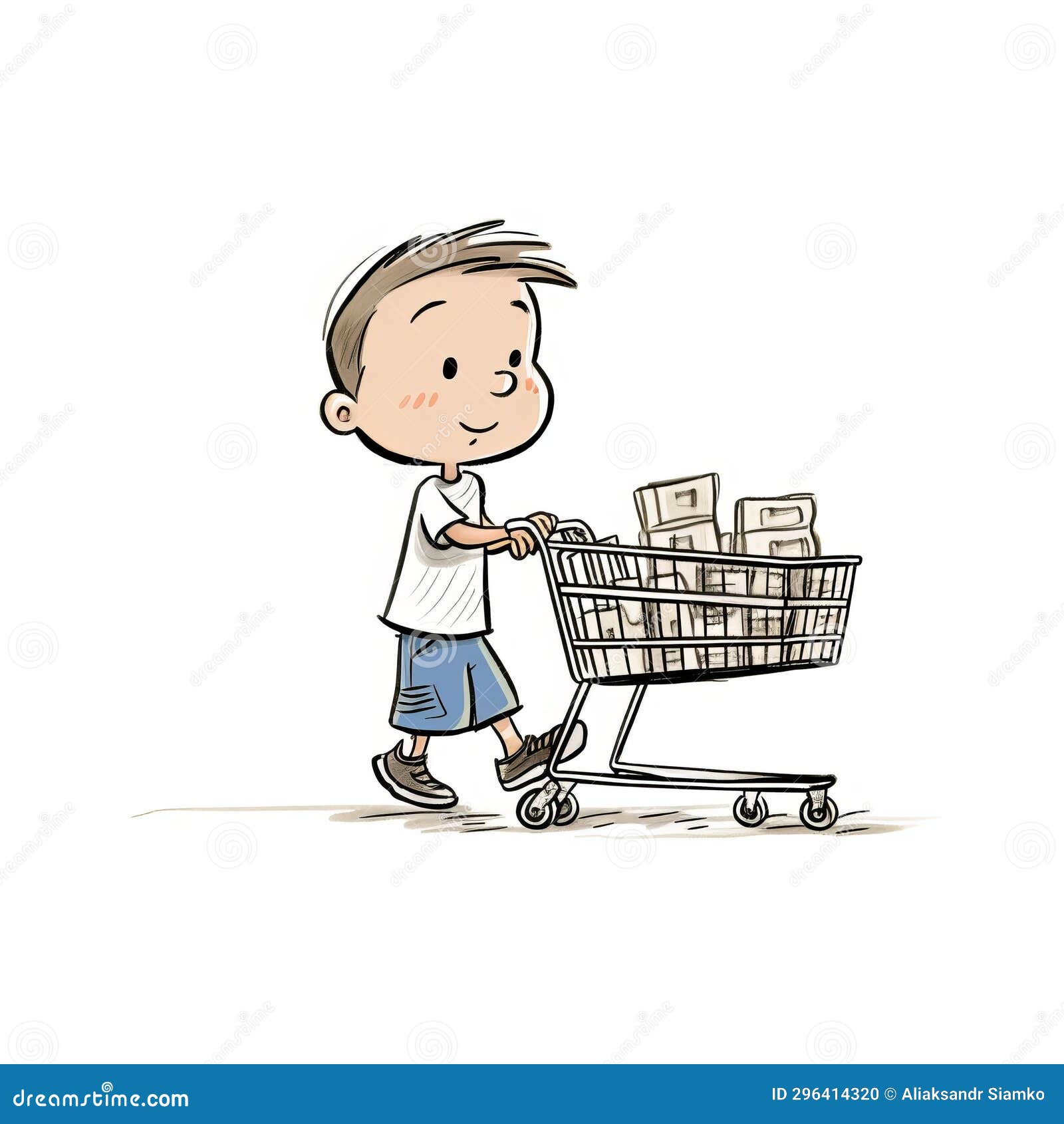 A Cartoon of a Boy Pushing a Shopping Cart Stock Illustration ...