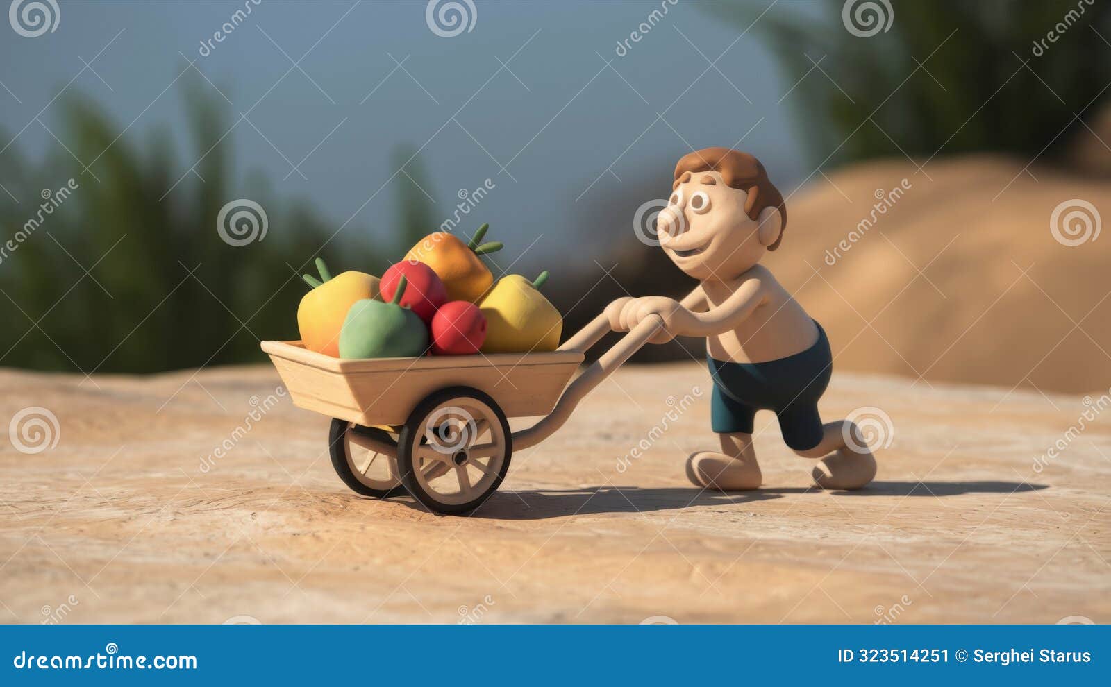 A Cartoon Boy Pushing a Wheelbarrow Full of Fruit, AI Stock Image ...