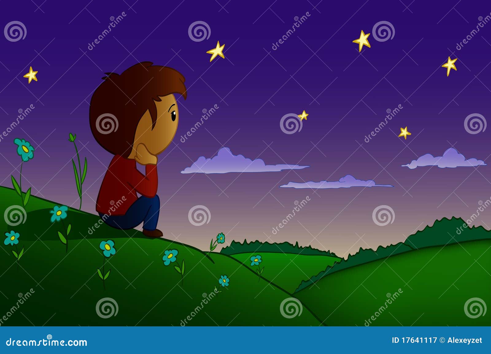 Cartoon Boy Rested in Night Field and Hills Stock Vector - Illustration ...